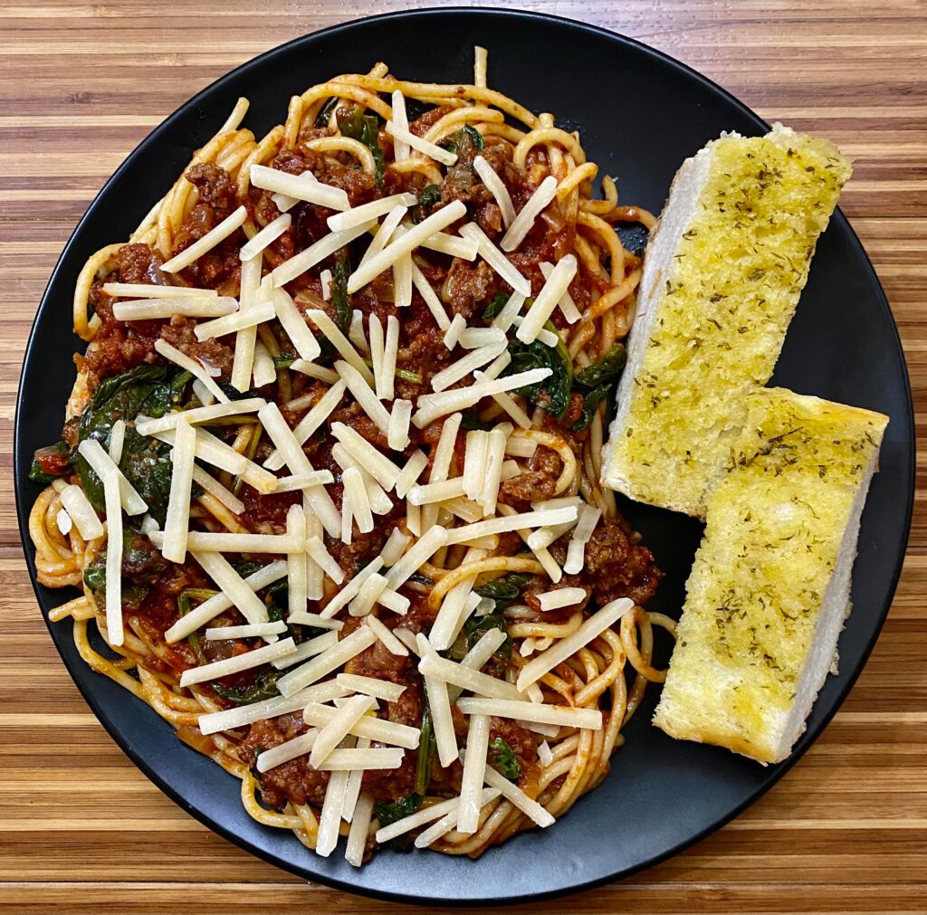 Spaghetti w/ Ground Beef, Power Greens, and Garlic Bread: $1.35 ...