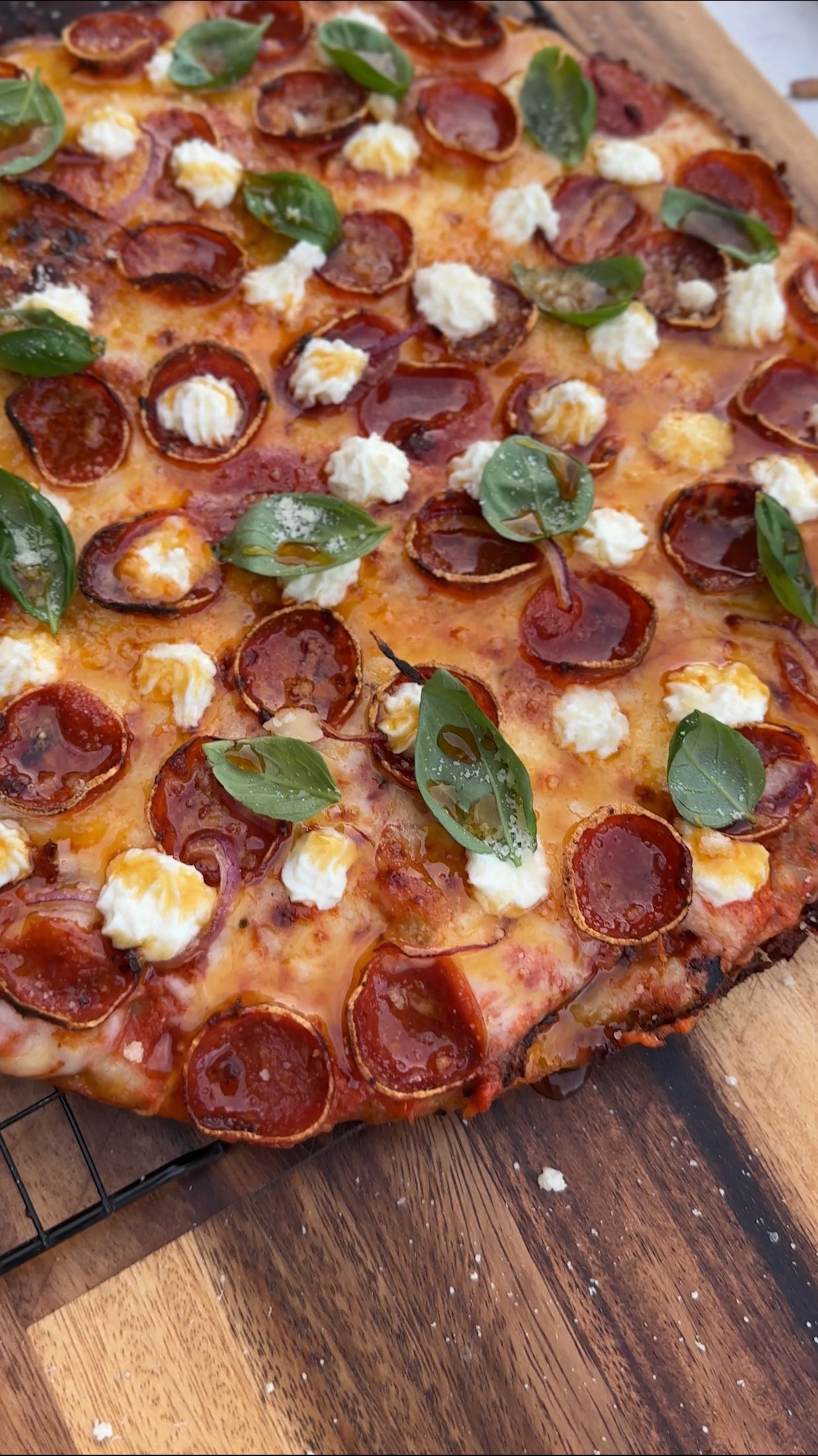 Sourdough Bar Style Pizza w/ Pepperoni, Red Onion, Ricotta, Basil ...