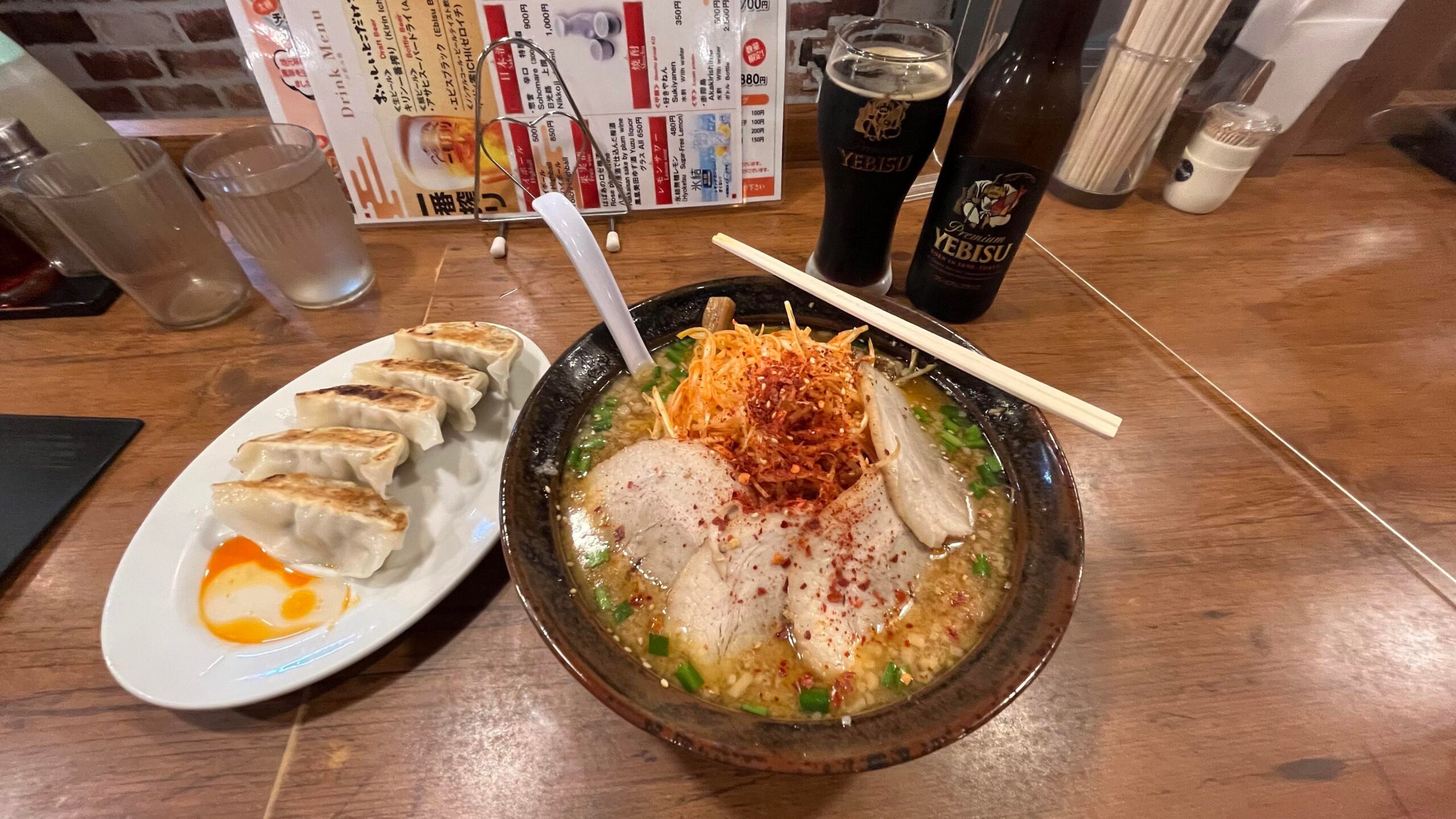 Spicy leek, chashu, miso ramen, with a side of gyoza - Dining and Cooking