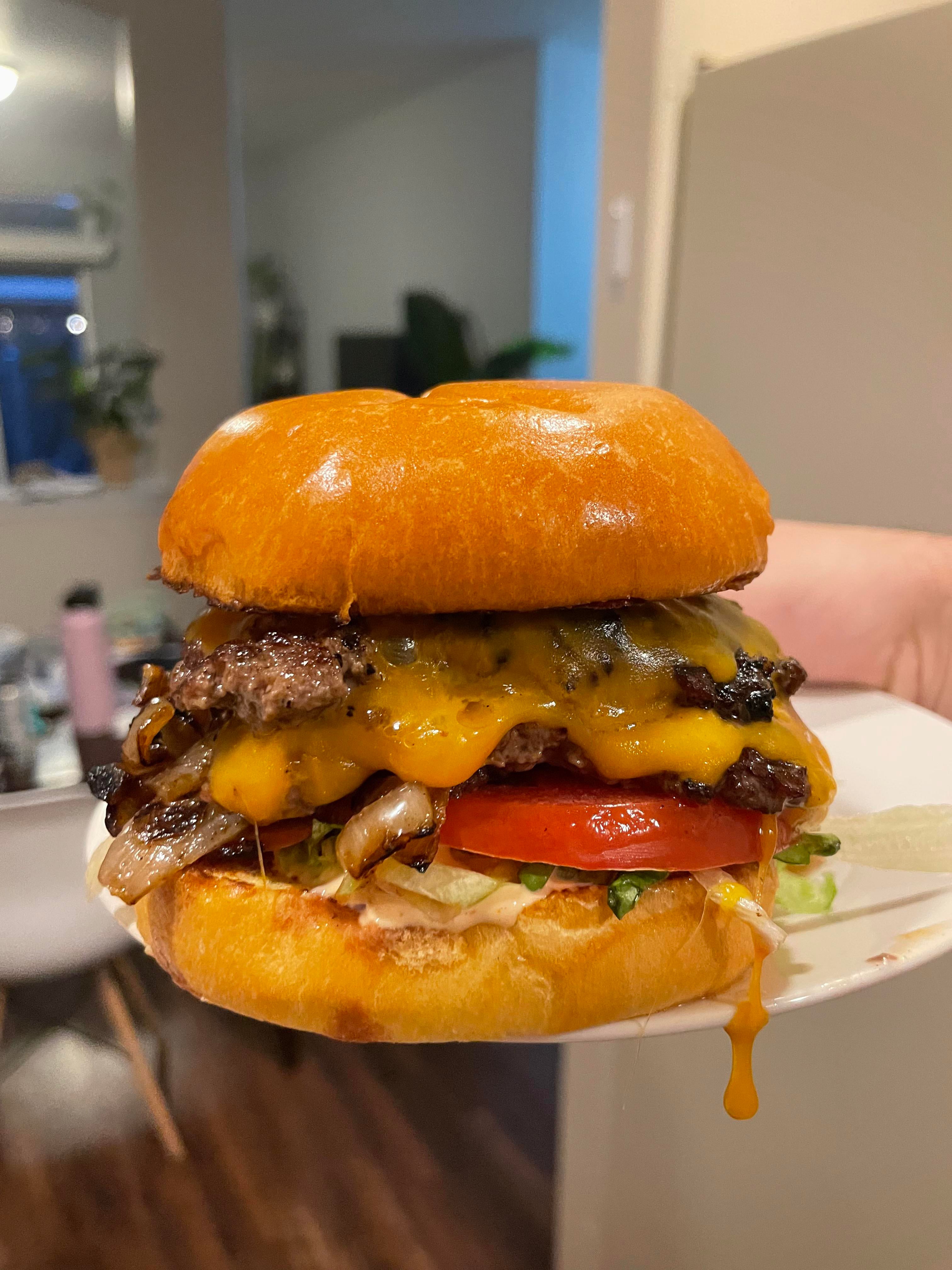 Double smash burger with brioche bun. - Dining and Cooking