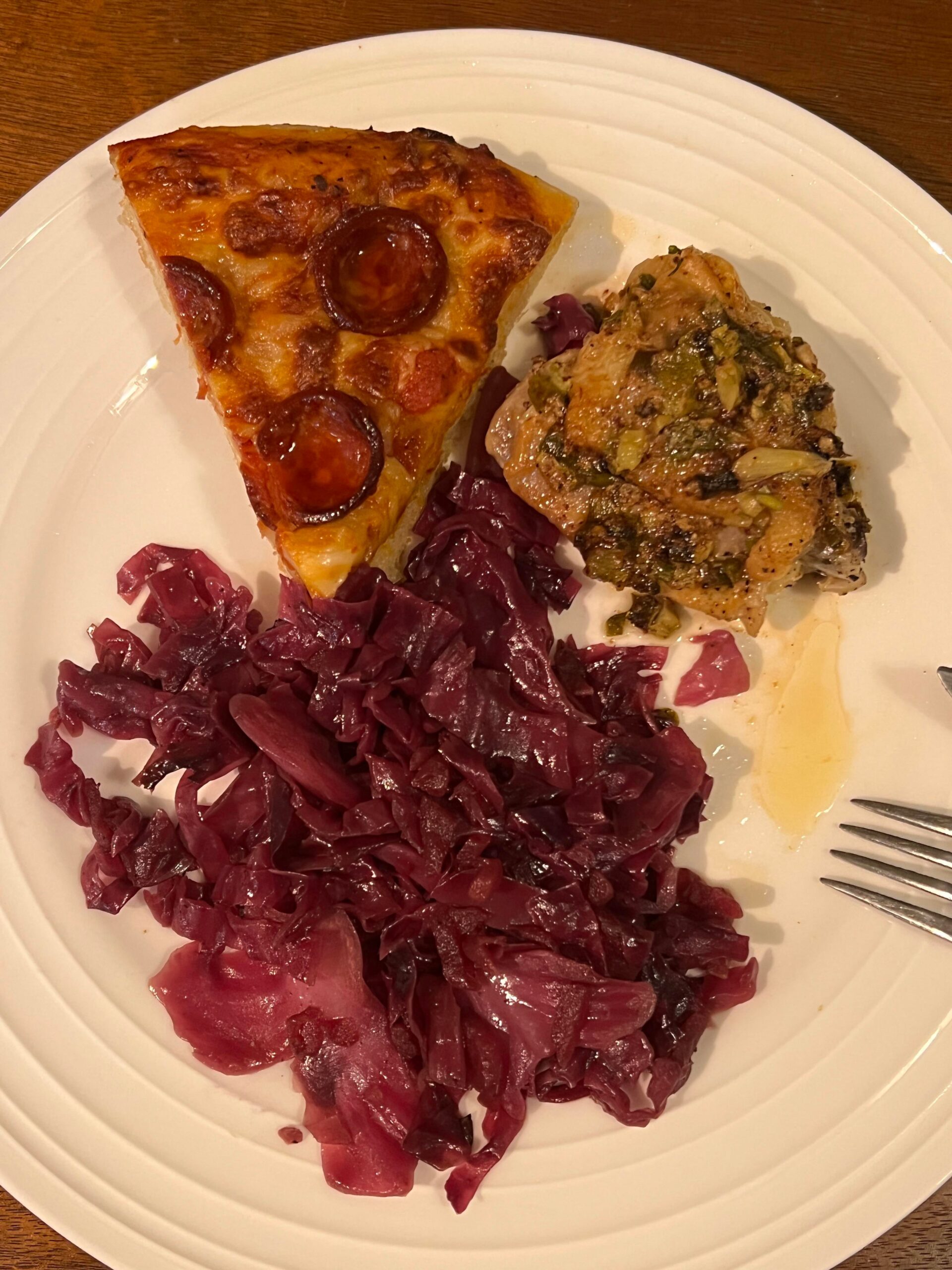 Homemade pan pizza, deviled chicken thigh and braised red cabbage ...