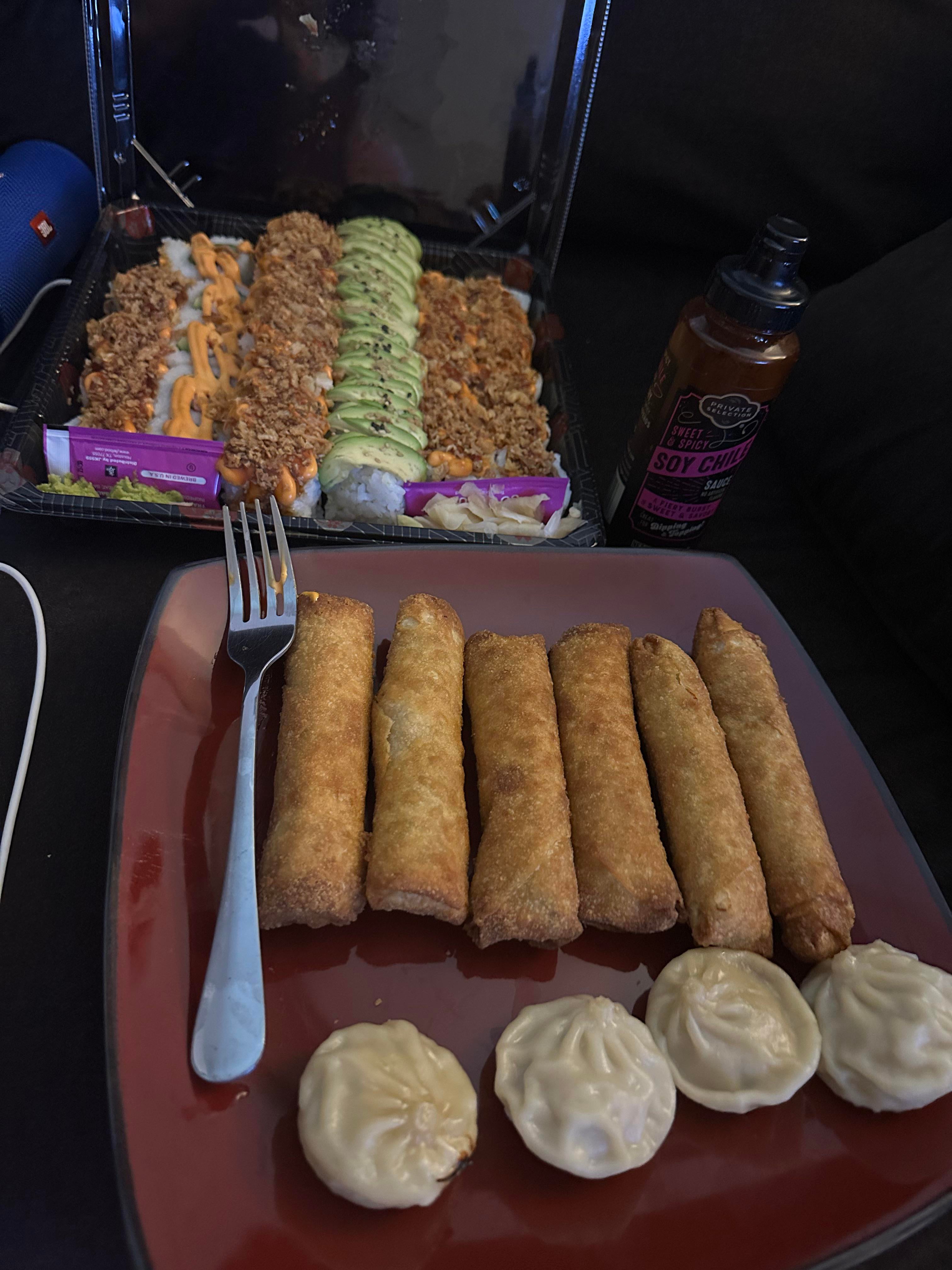 Chill Halloween night. Scary movies and sushi along w veg egg rolls and ...