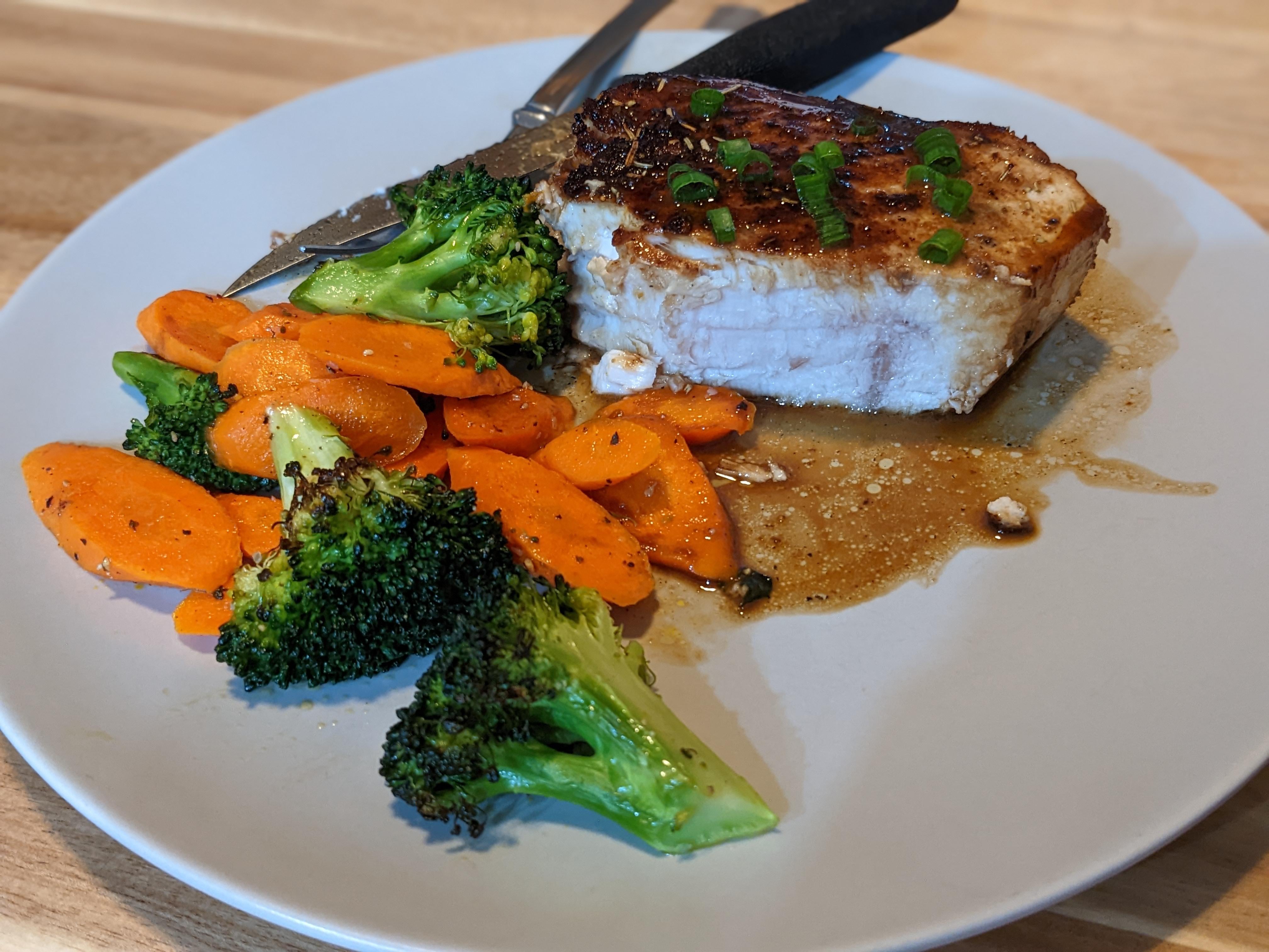 Pan Seared Swordfish with Roasted Broccoli and Carrots - Dining and Cooking