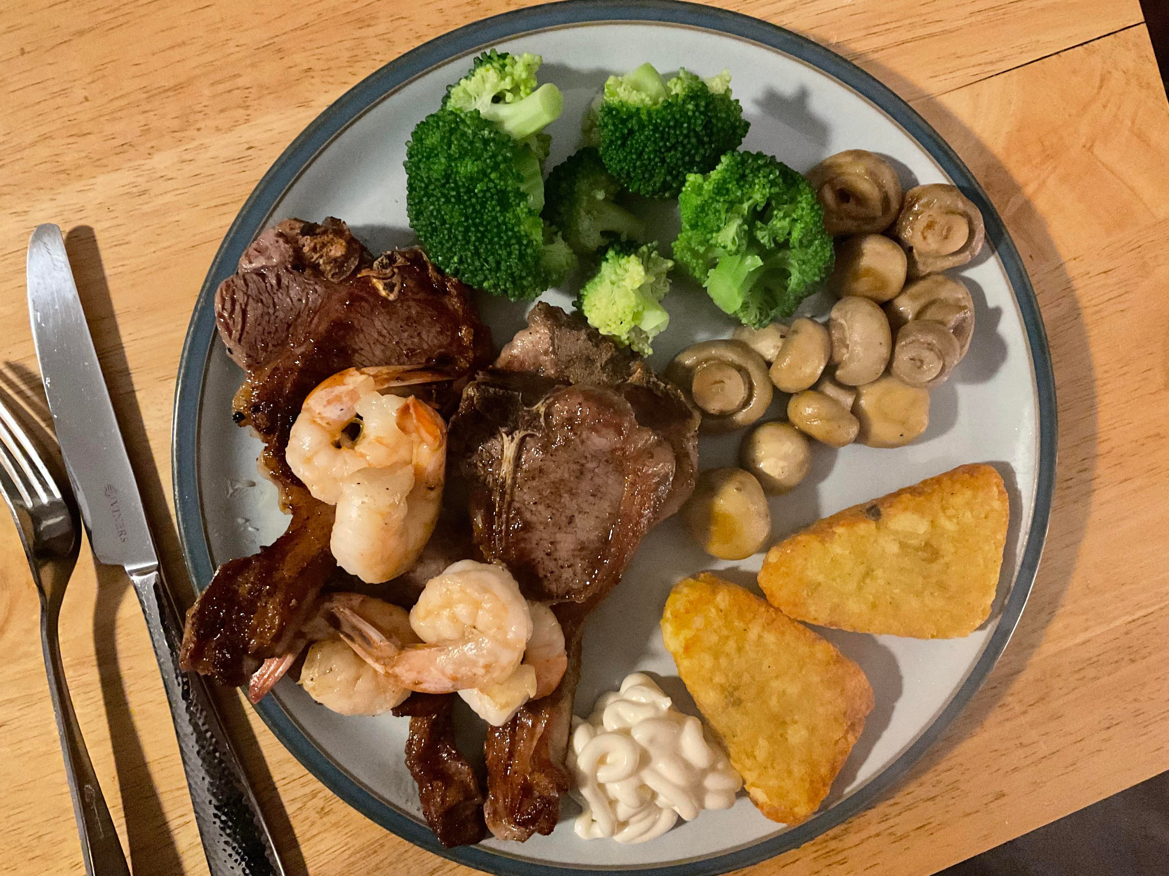 Lamb chops, king prawns, hash browns, mushrooms, broccoli and mayo ...