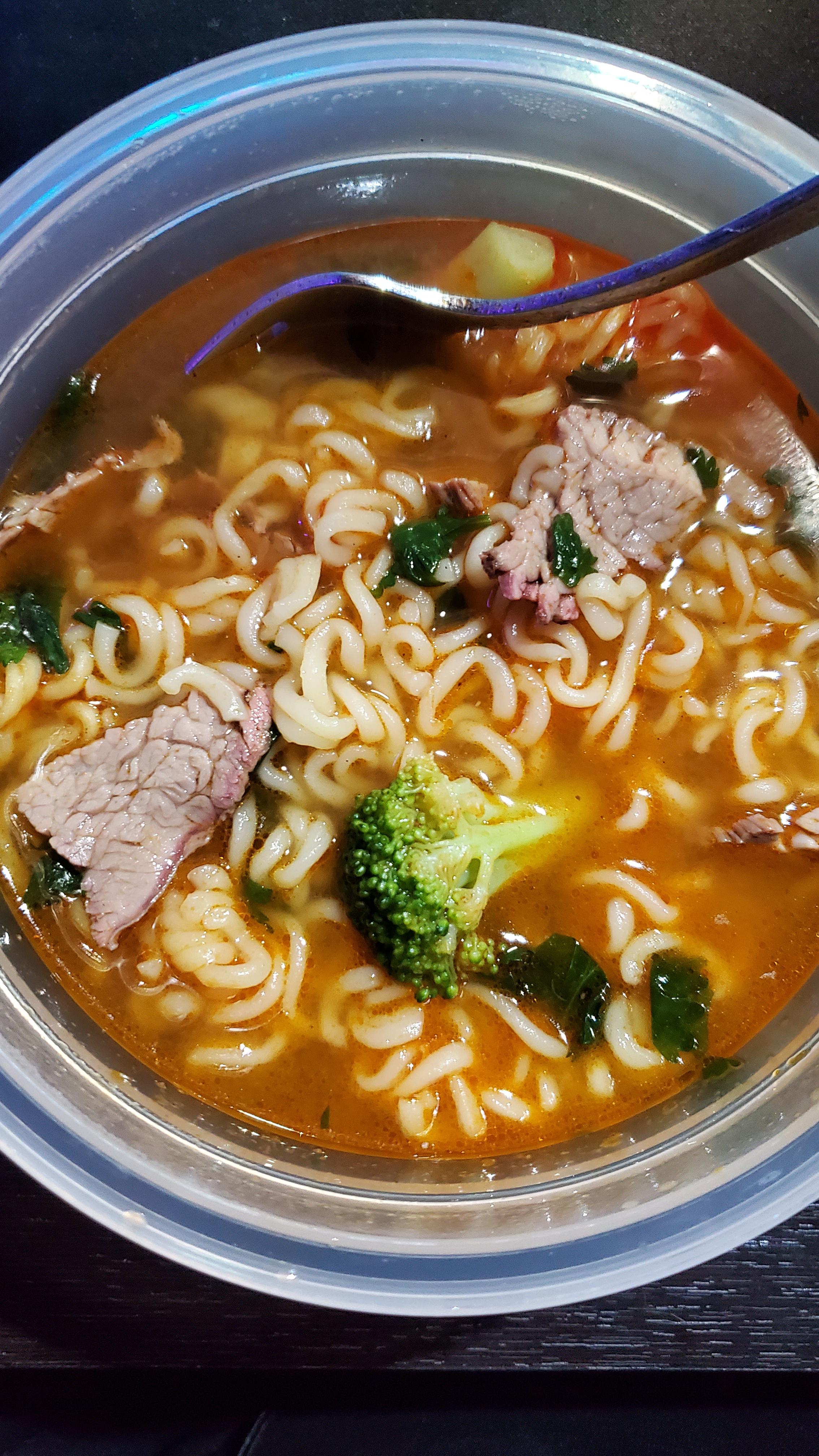 shin ramyun with broccoli, Cilantro, and some left over tri tip and ...