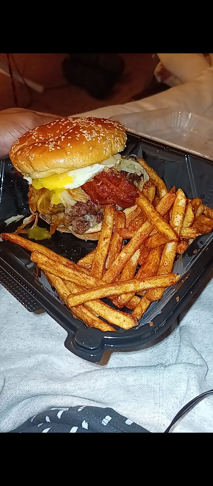 [I ate] double cheeseburger with sunny side up egg bacon hash browns ...