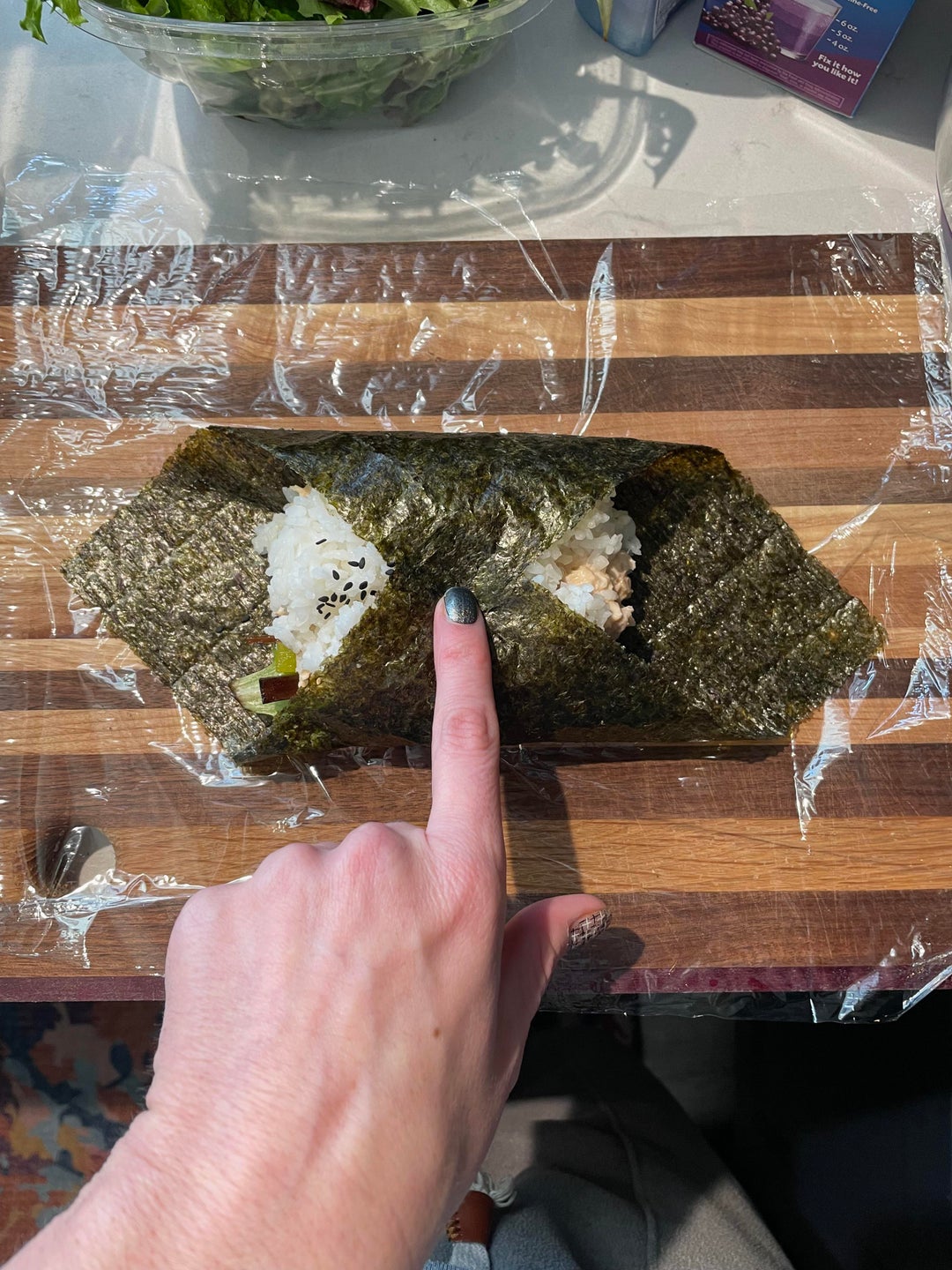 Vegan spam and spicy tuna onigirazu - Dining and Cooking