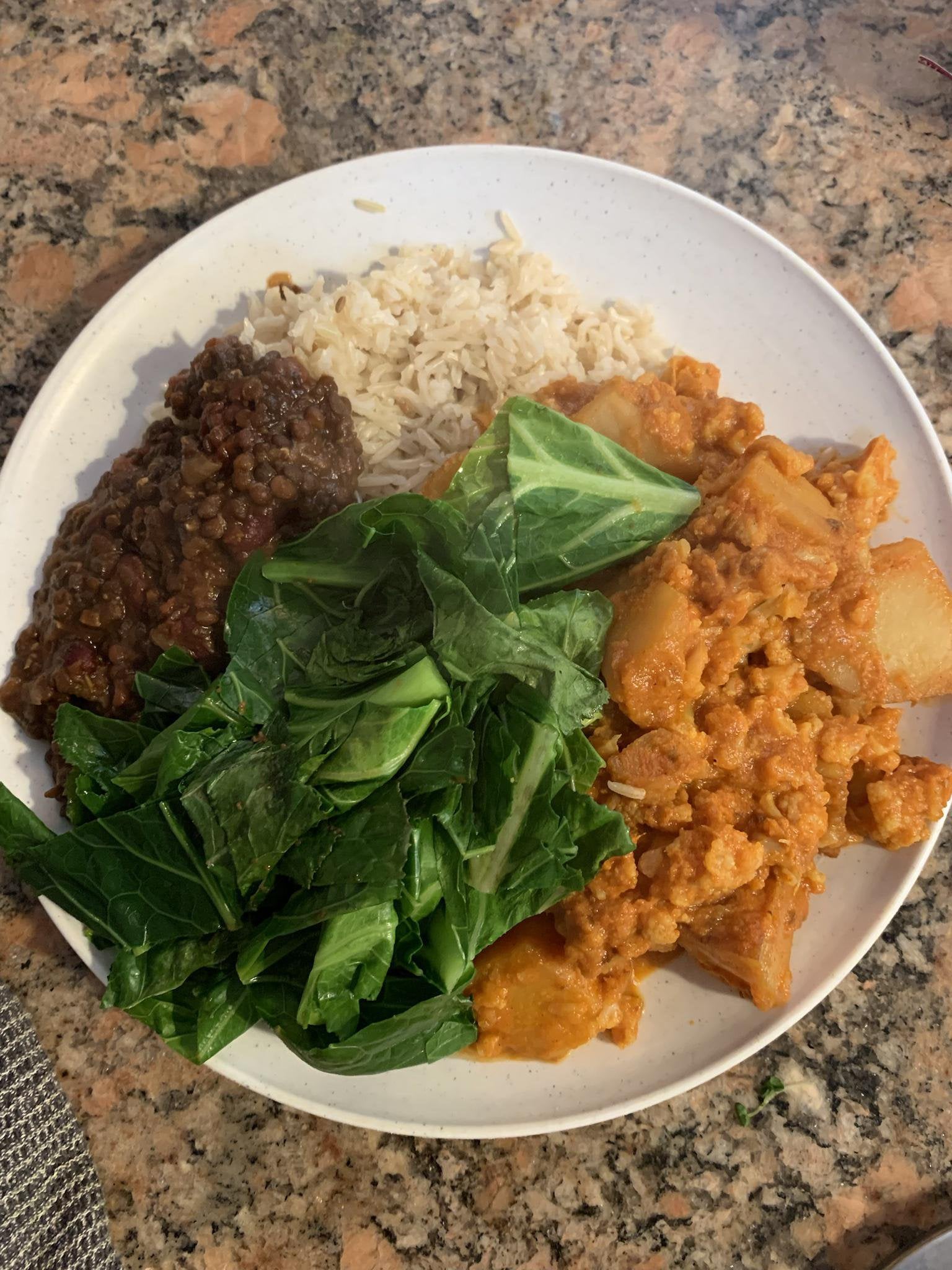 aloo gobi, dal makhani, steamed collard greens, jeera brown basmati ...