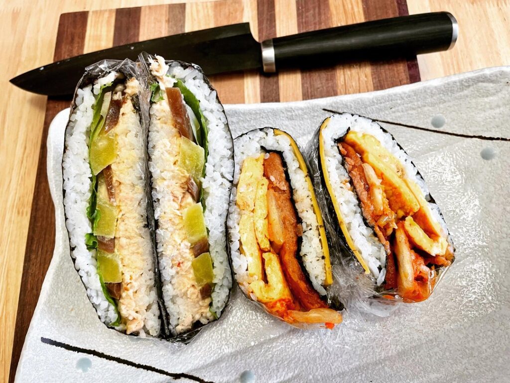 Vegan spam and spicy tuna onigirazu - Dining and Cooking