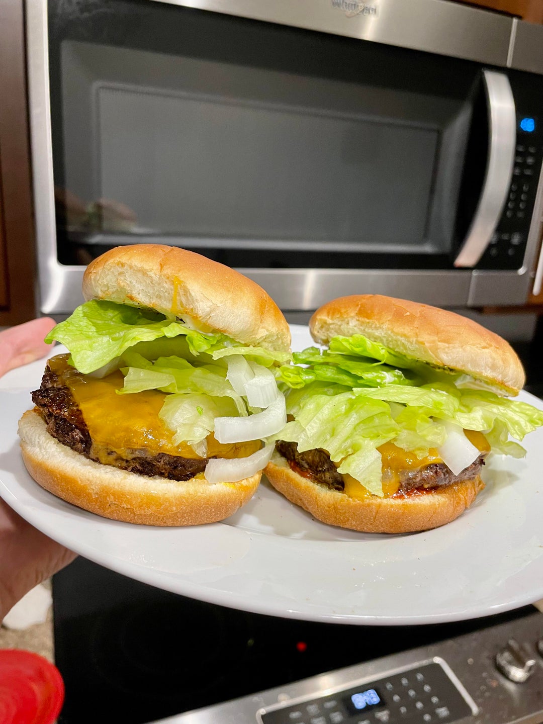 Made cheeseburgers again. Sharp cheddar cheese, onion, lettuce, mayo ...