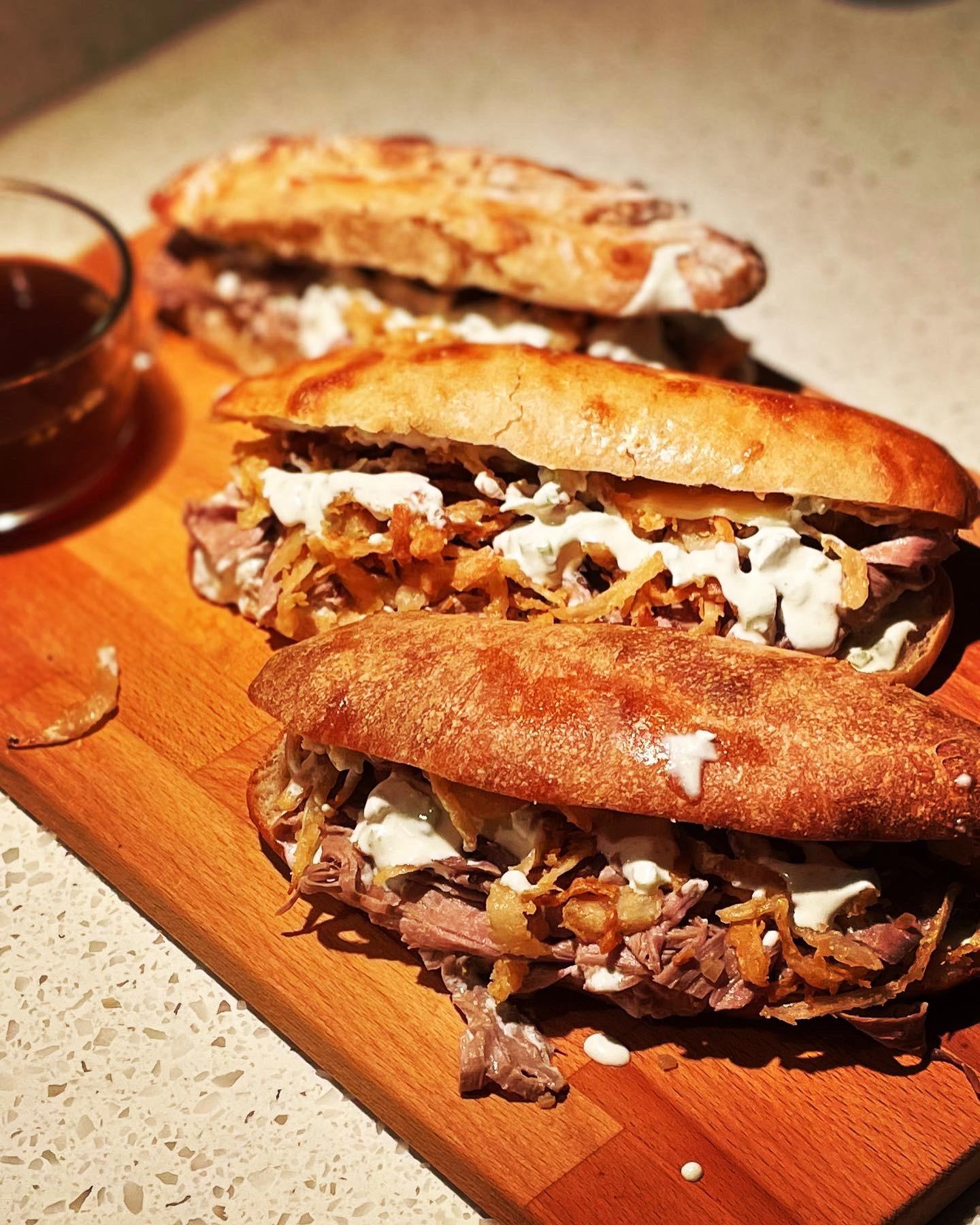 Knuckle sandwich-roast beef, fried onions, provolone, white cheddar ...