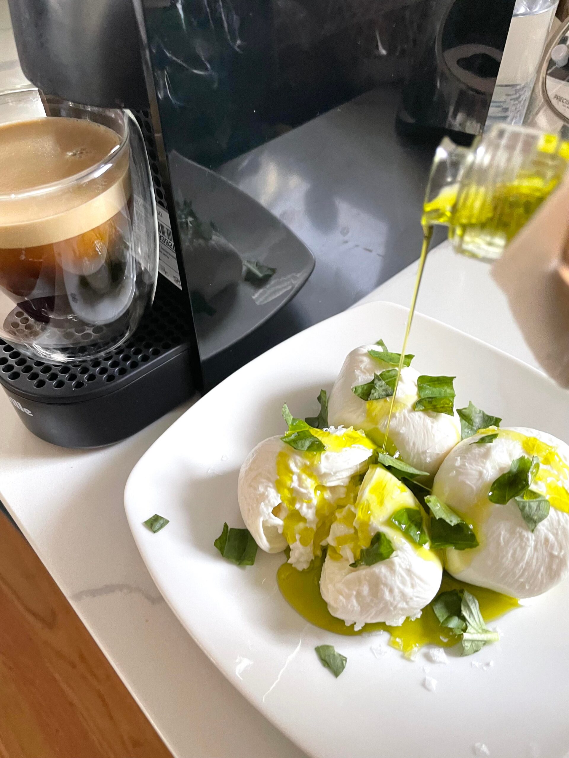 Simple snack burrata cheese, EVOO and expresso - Dining and Cooking
