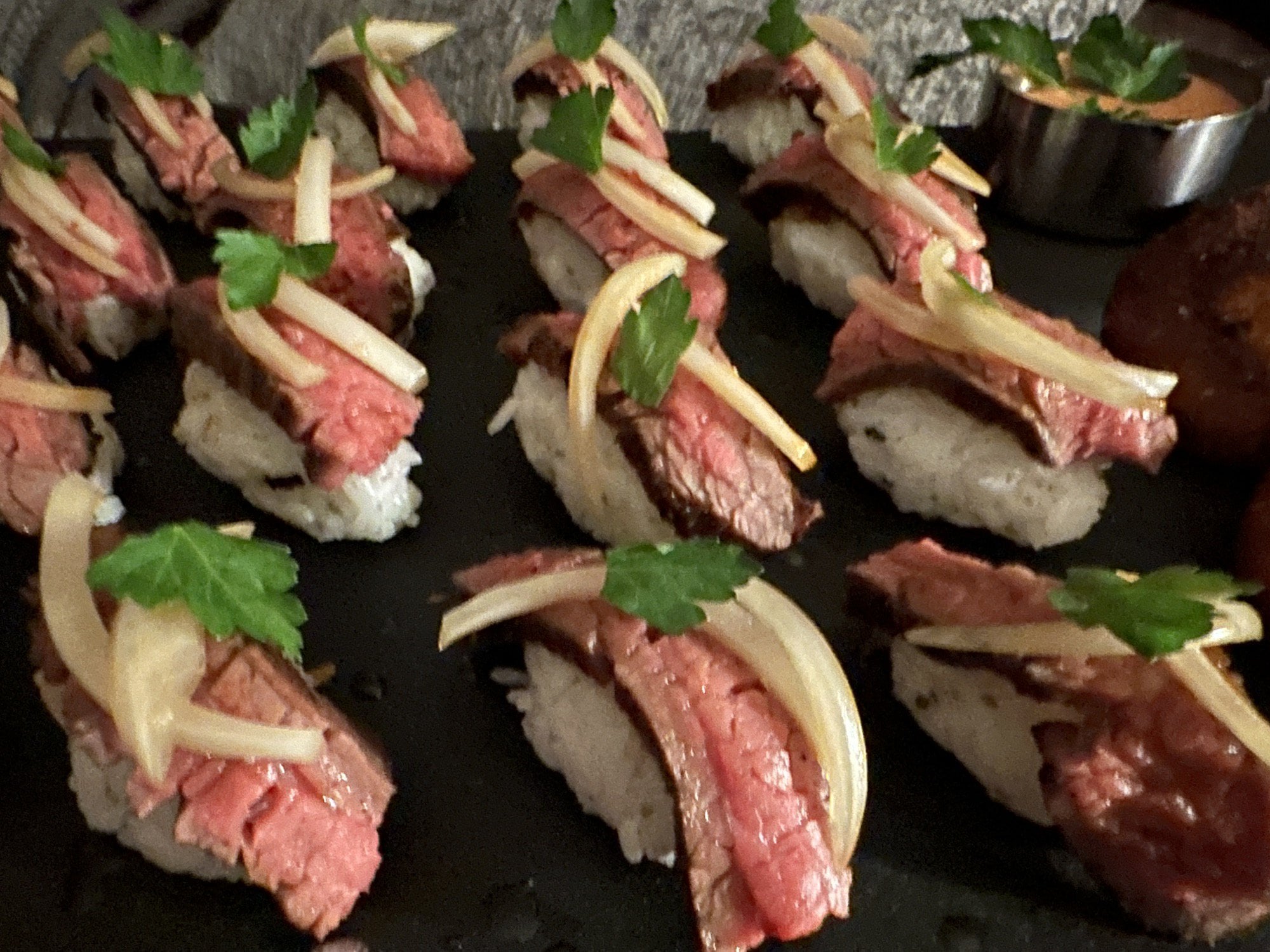 Furikake sushi rice with a dab of Gochujang, topped with SV'd flank ...