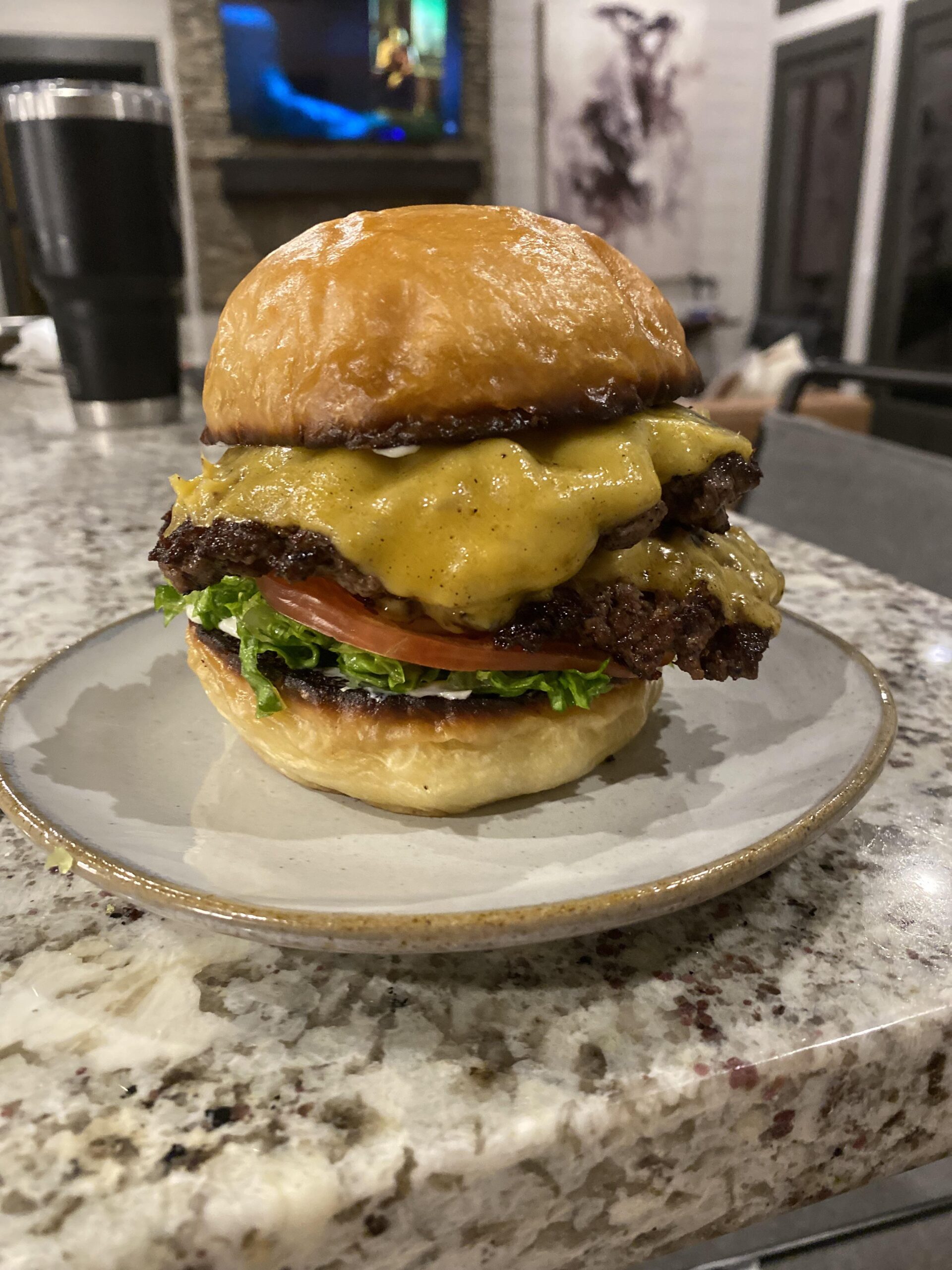 dbl cheeseburger on a homemade bun. - Dining and Cooking