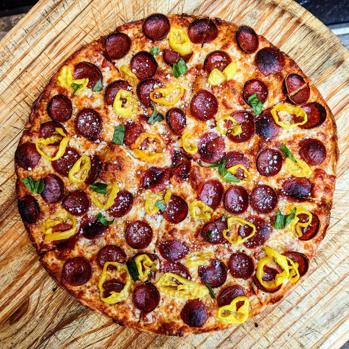 Very thin & crispy pepperoni & banana pepper. - Dining and Cooking