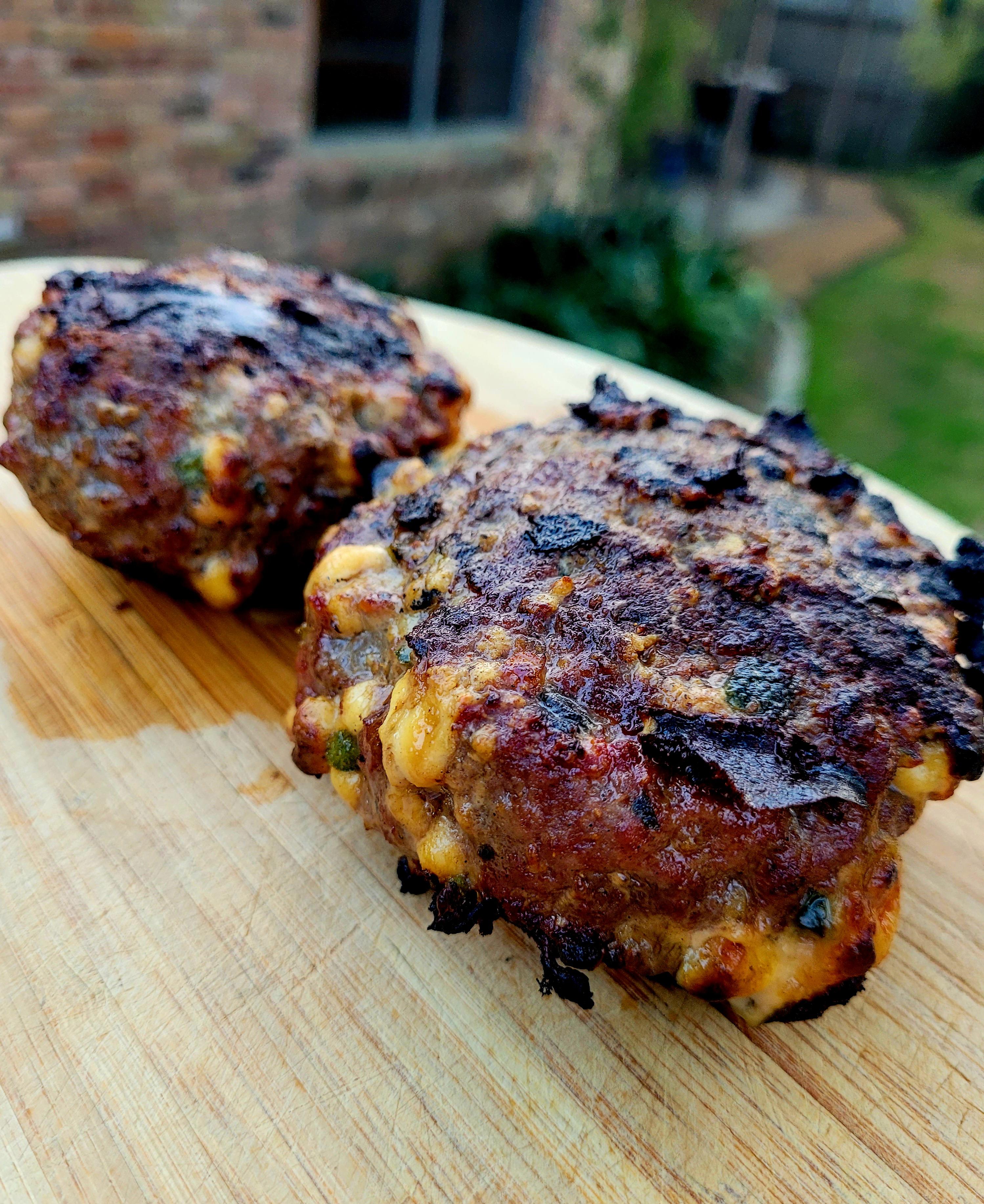 Cheddar/Poblano chuck burger patties done over lump charcoal. - Dining ...