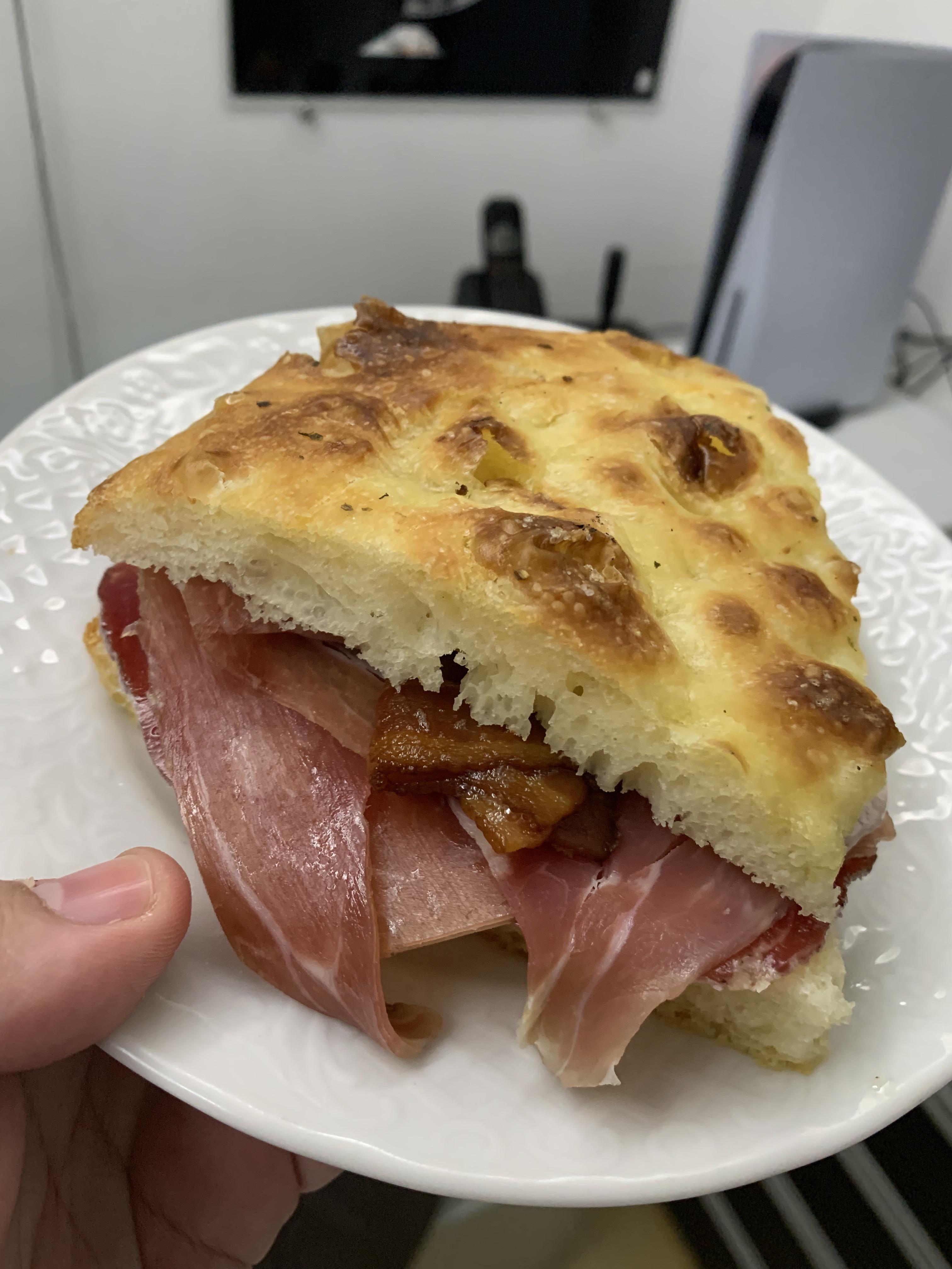 Homemade focaccia, cream cheese, parma and bacon. - Dining and Cooking