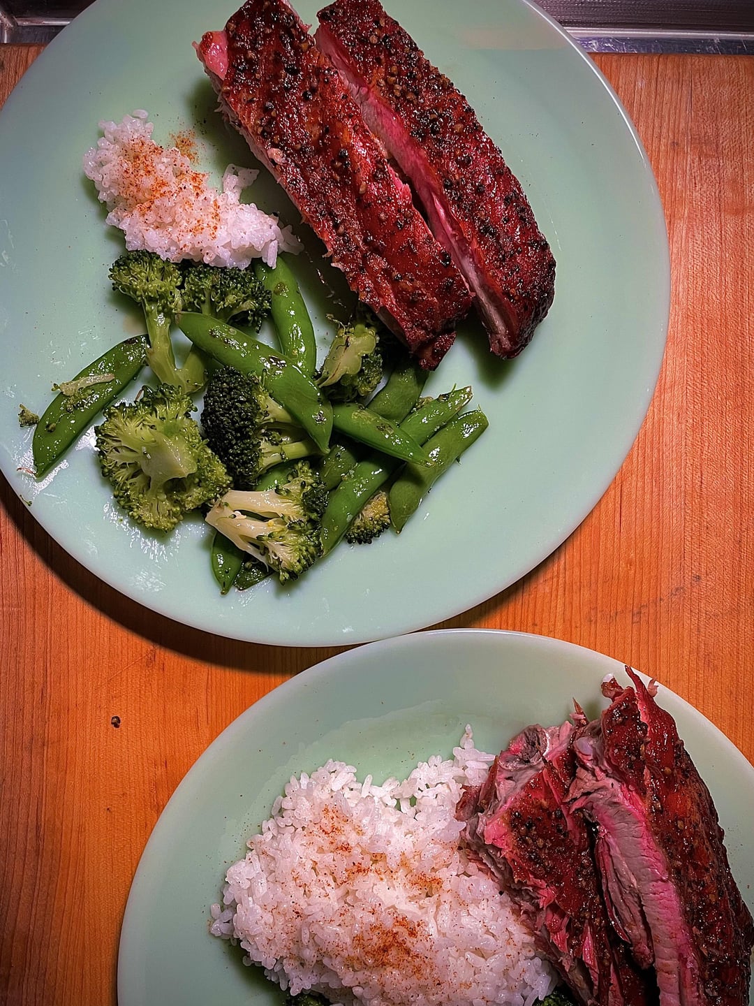 Japanese bbq pork ribs (oak/hickory smoked), stir fried broccoli+snap ...