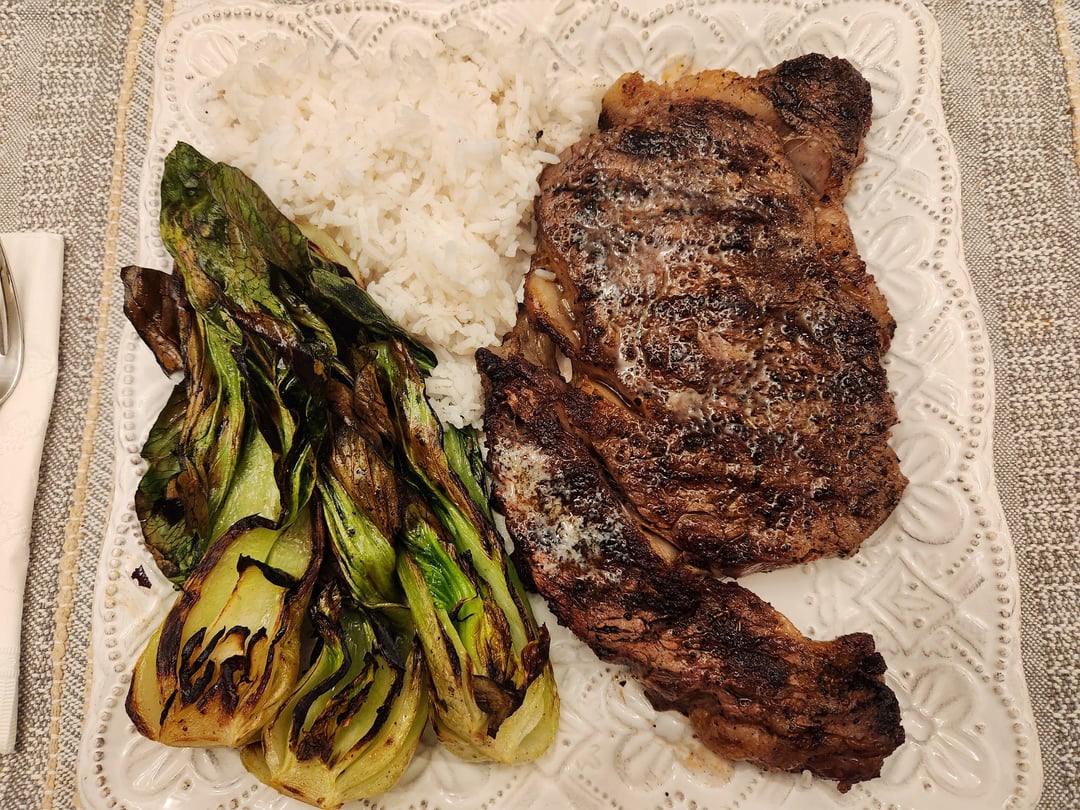 Wood Fired Ribeye and Bok Choy, White Rice. - Dining and Cooking