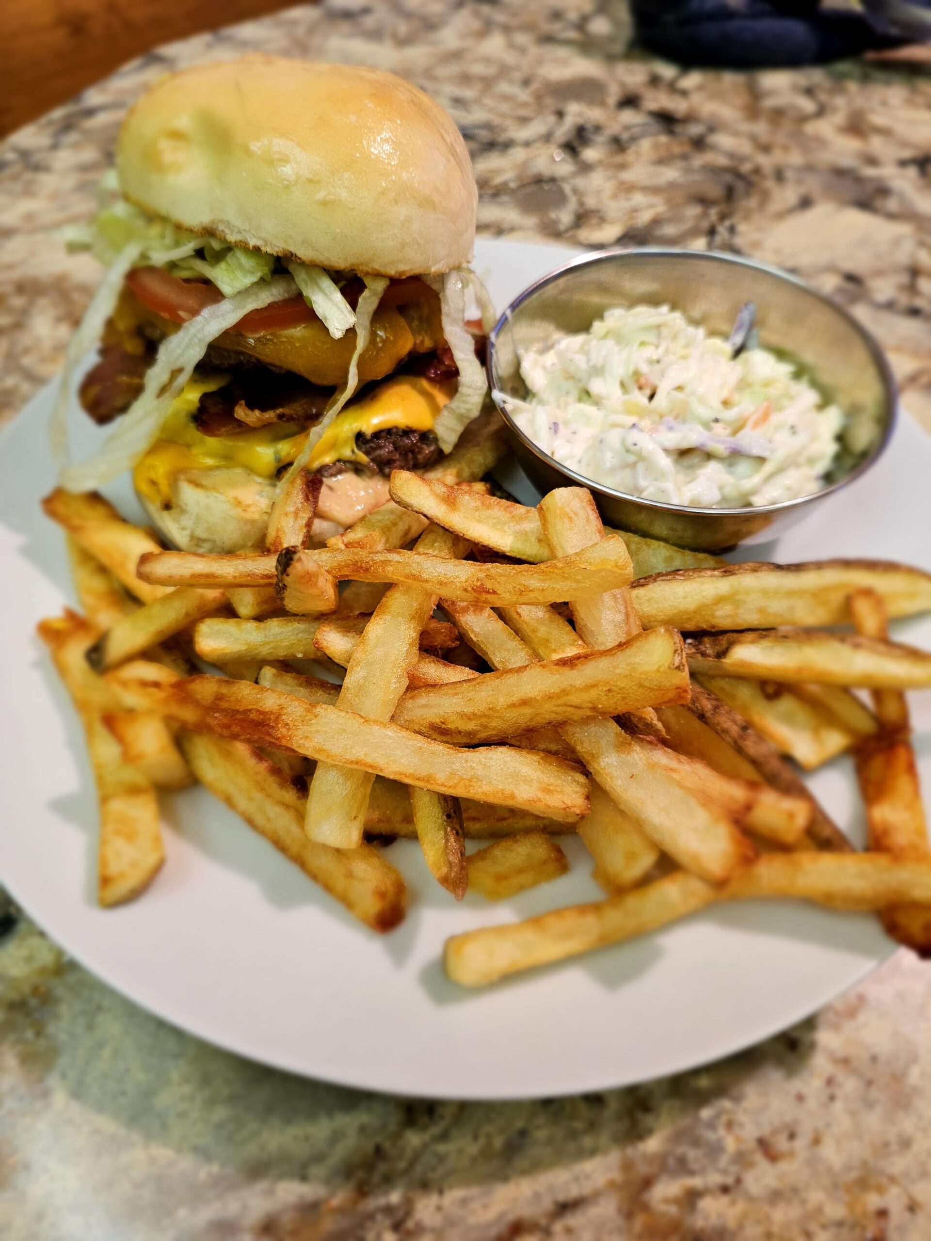 Burger, fries, coleslaw. - Dining and Cooking