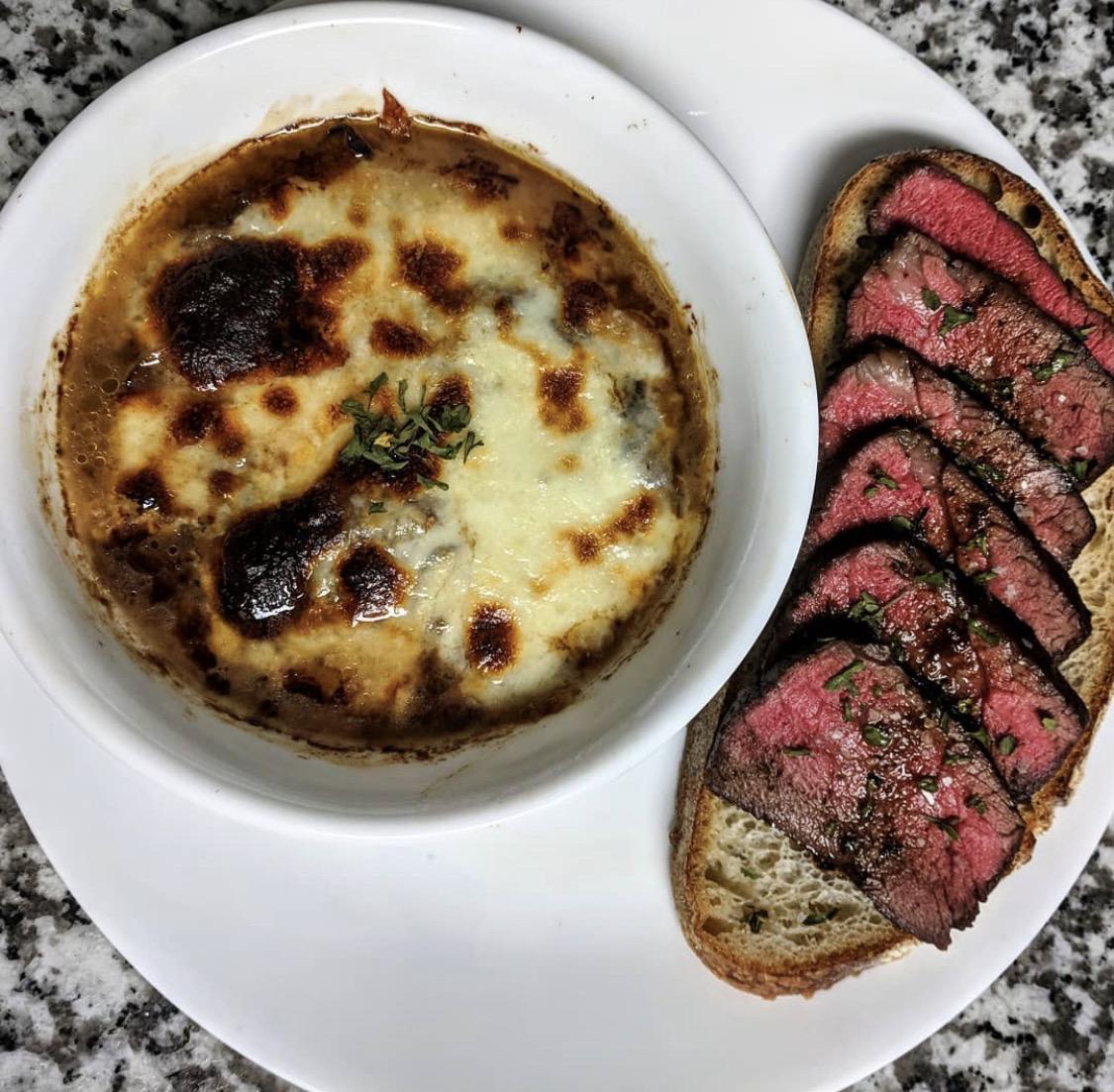 [Homemade] Filet Mignon over Garlic Sourdough, with French Onion Soup ...