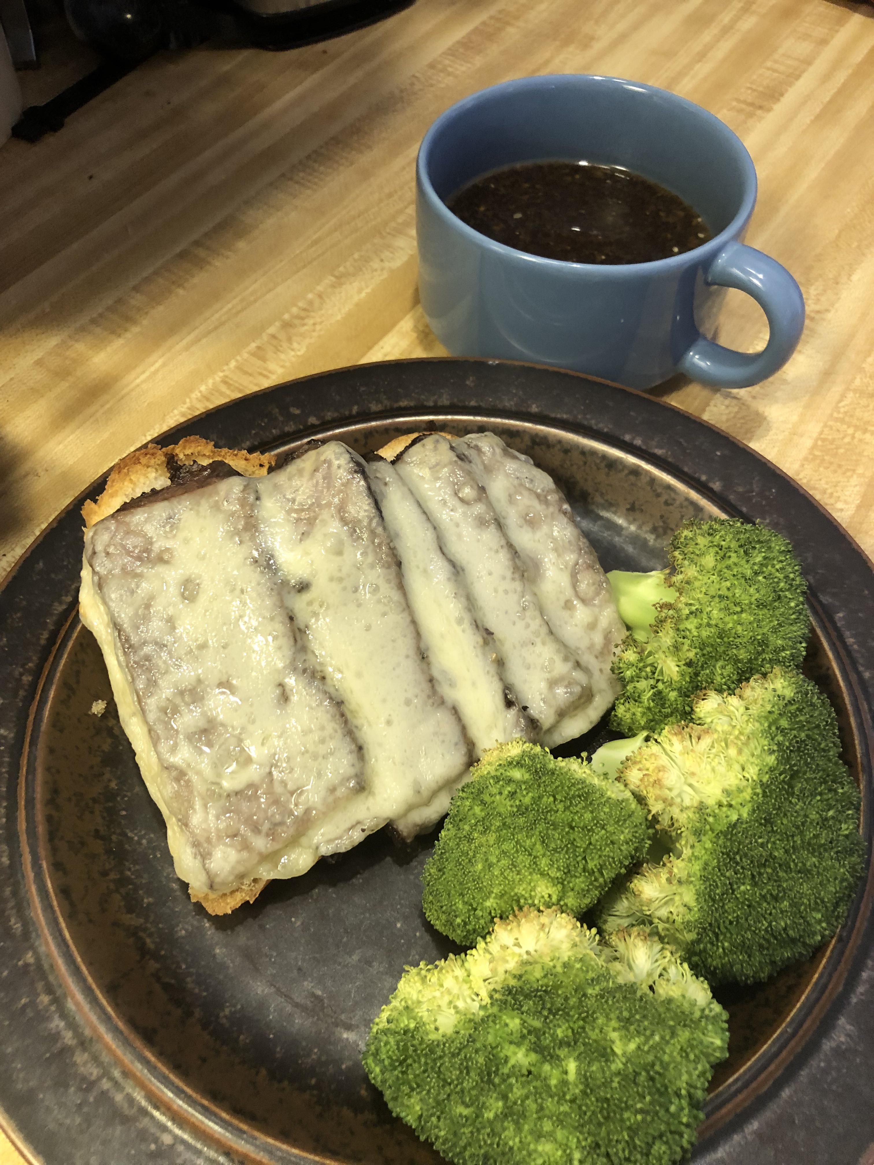 Homemade Roast Beef, Swiss toasted and Au Jus to dip - Dining and Cooking
