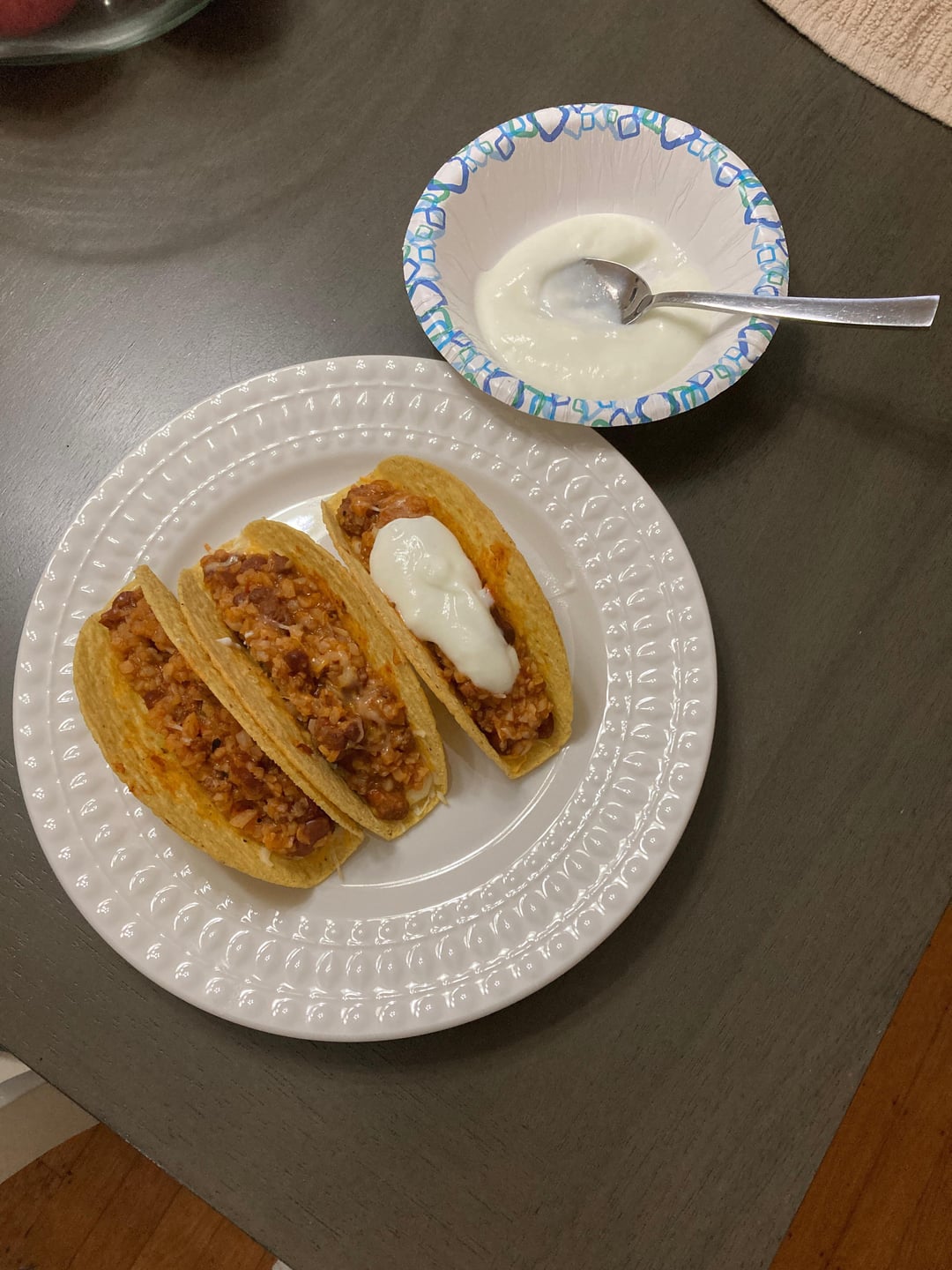 Riced cauli mixed with chili and cheese taco with yogurt on top. 505 ...