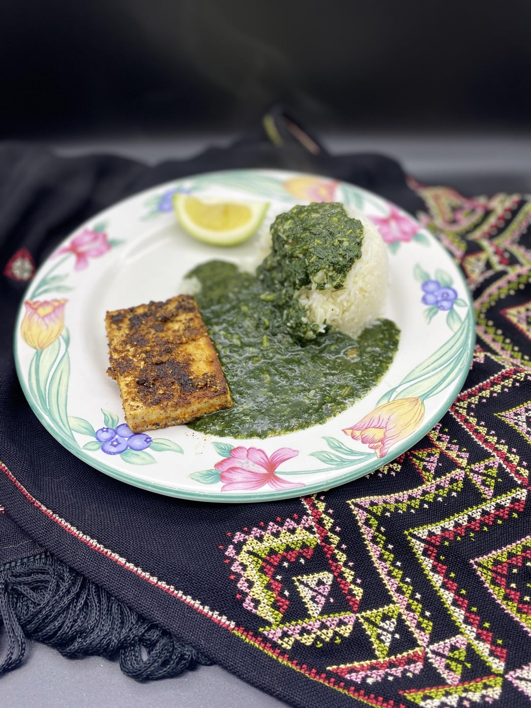 Molokhia with tofu chikn, breaded with nut crumbs. Served with white ...
