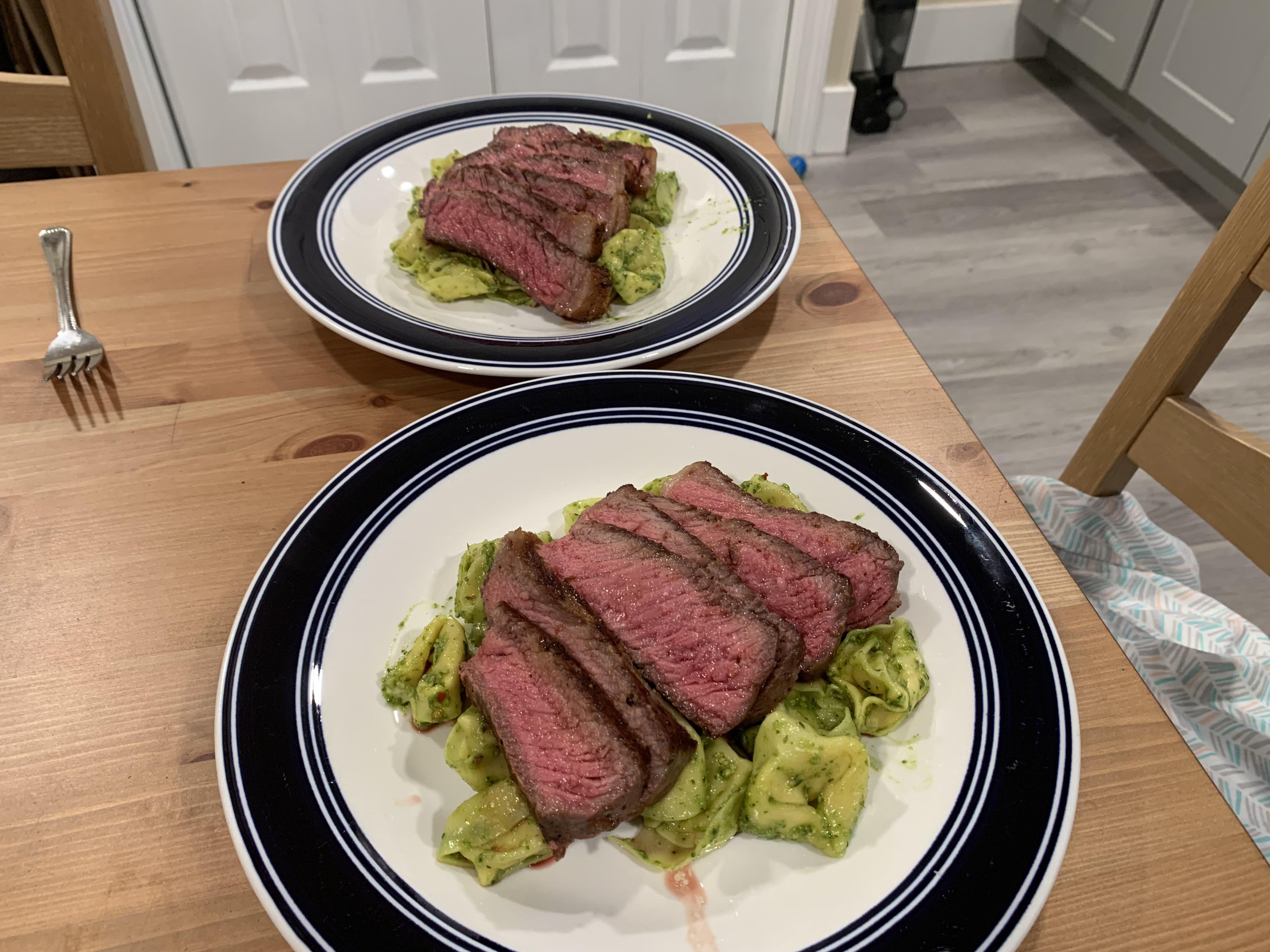 Dry aged ribeye with pesto tortellini. - Dining and Cooking