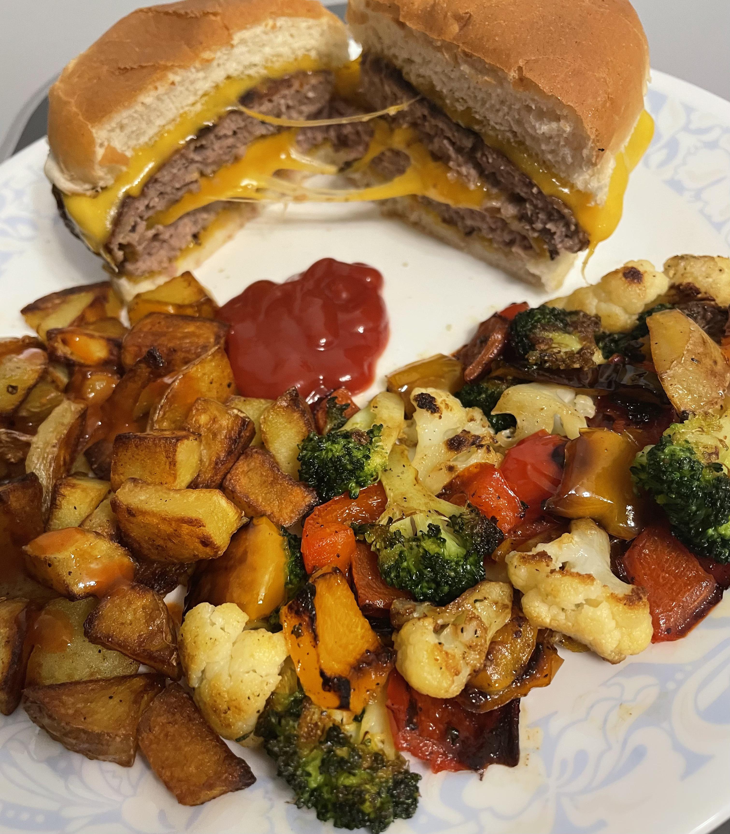 Burger, potatoes, veggies - Dining and Cooking