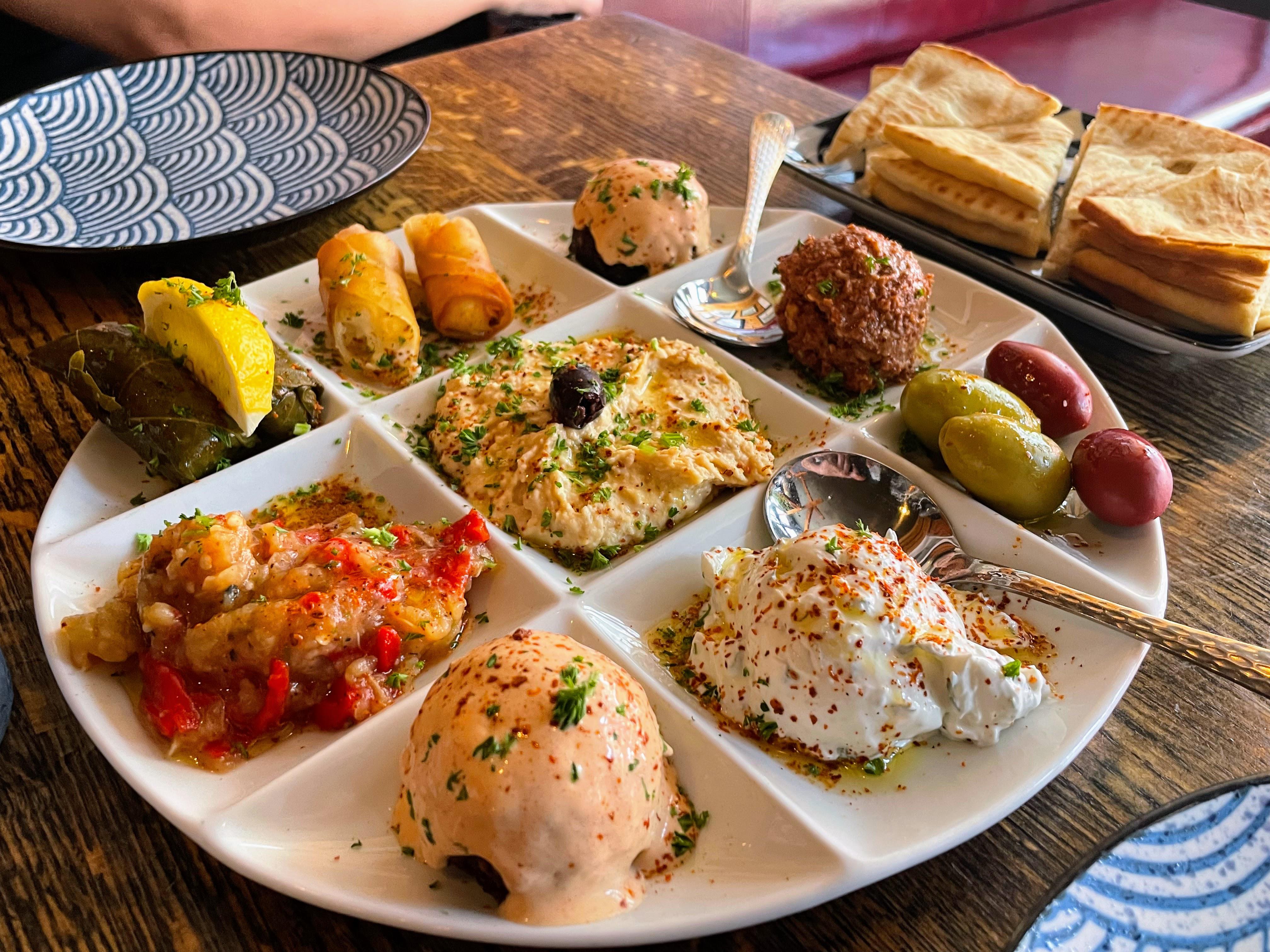 [I ate] Meze Platter — tzatziki, hummus, melitzano purée, börek ...