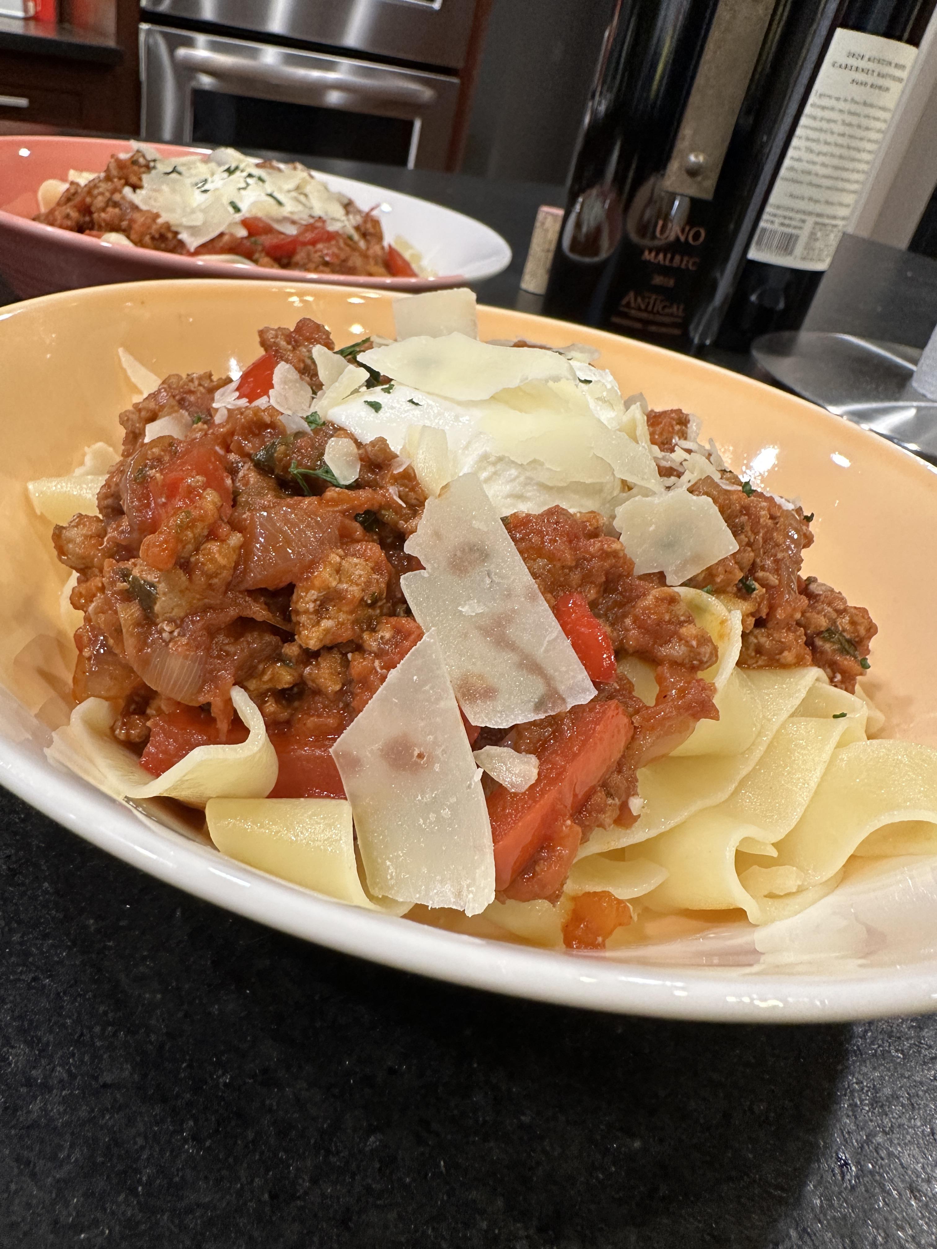 My wild boar bolognese with pappardelle and a dollop of ricotta ...