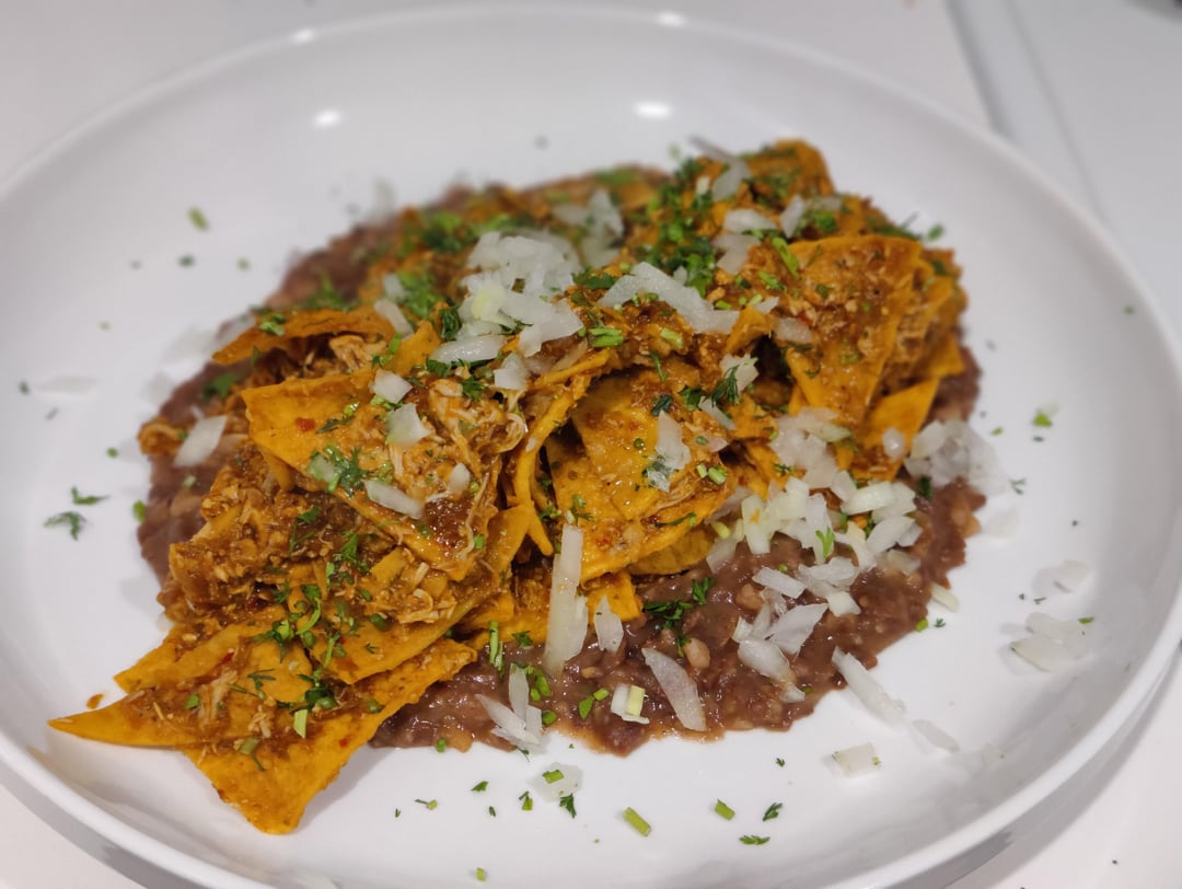 Chilaquiles Rojos con Pollo y Frijoles - Dining and Cooking