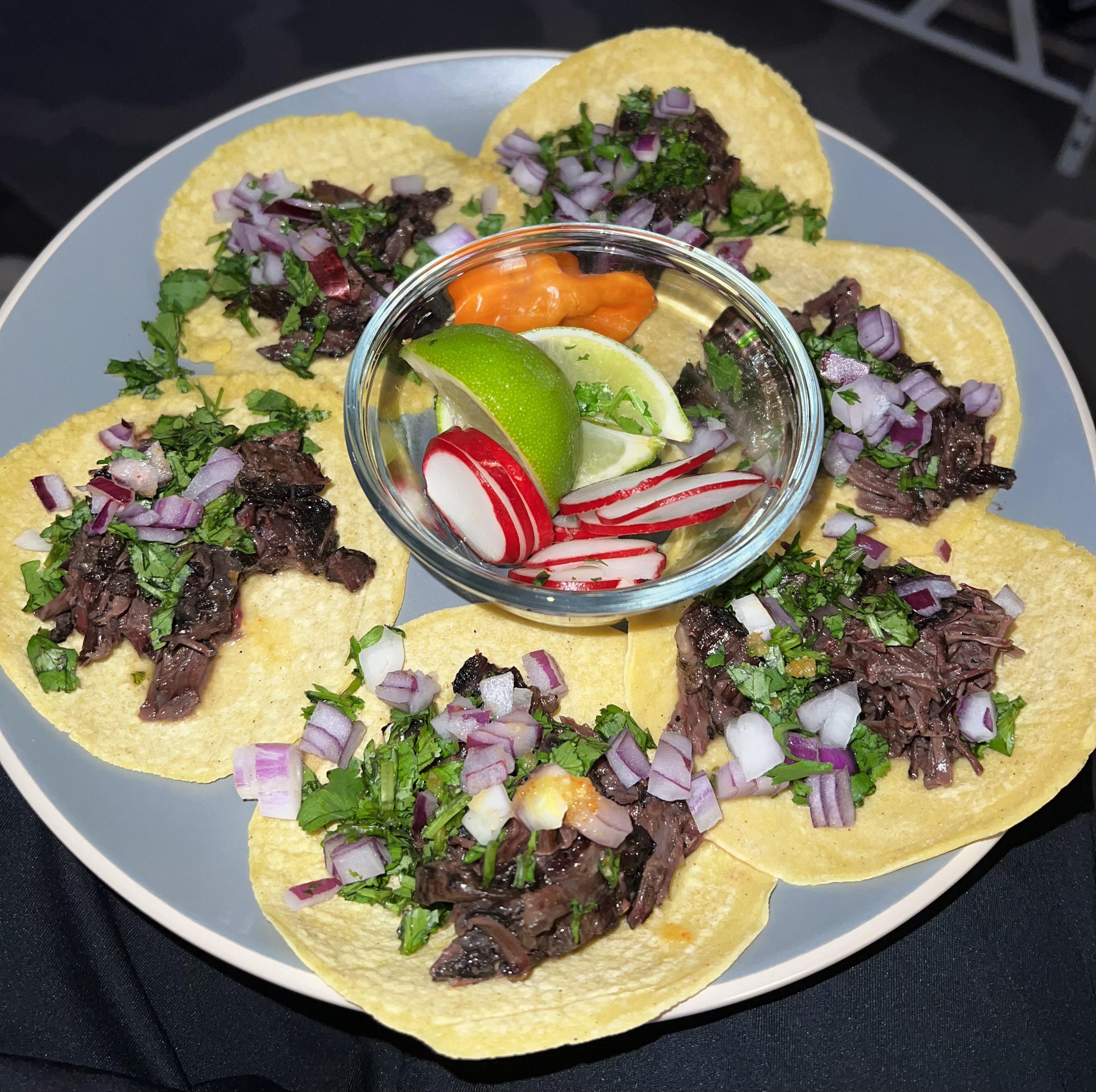 [Homemade] Cachete tacos, with fermented habanero mango hot sauce ...