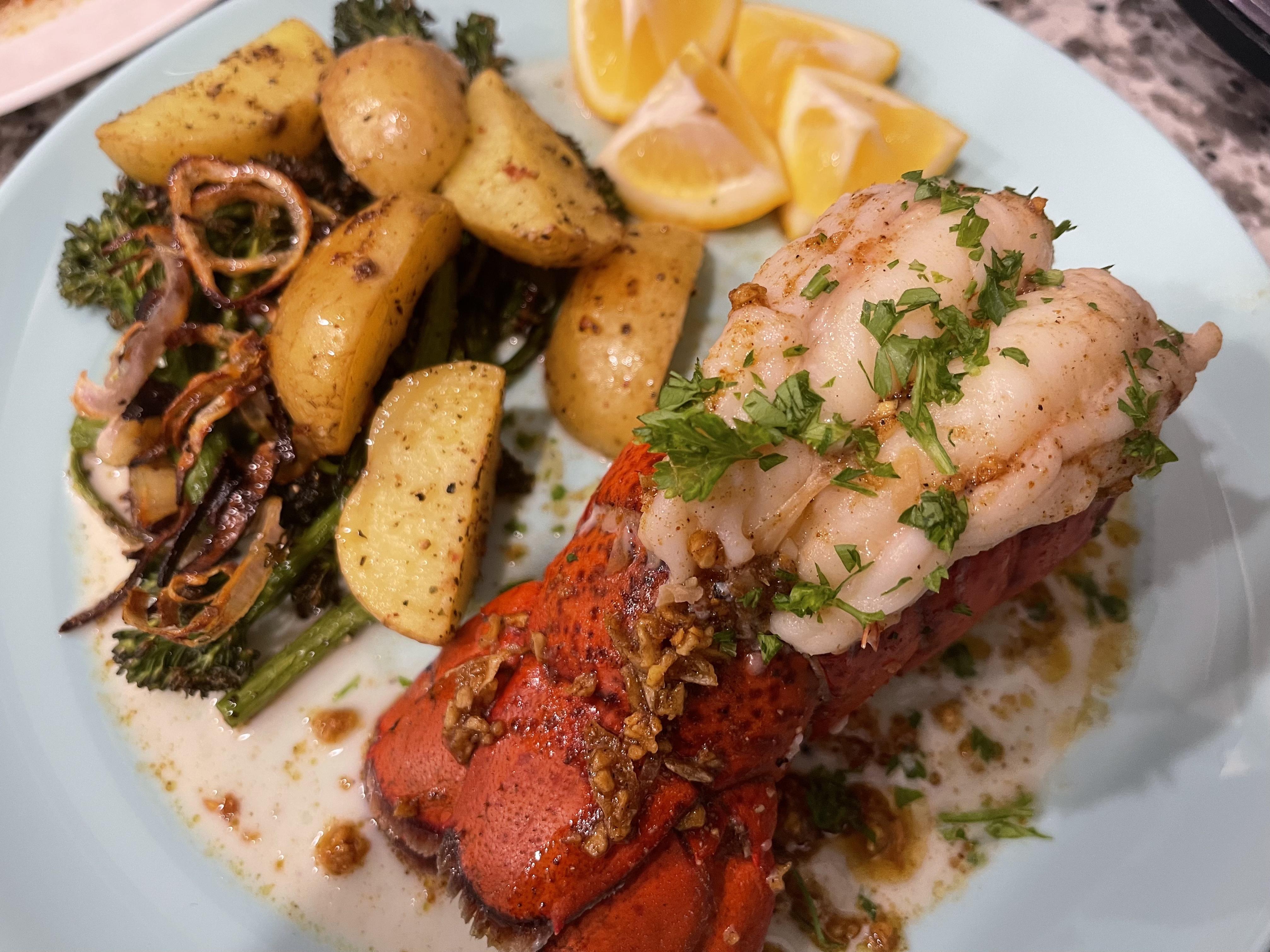 [OC] Lobster tail with garlic butter sauce - Dining and Cooking