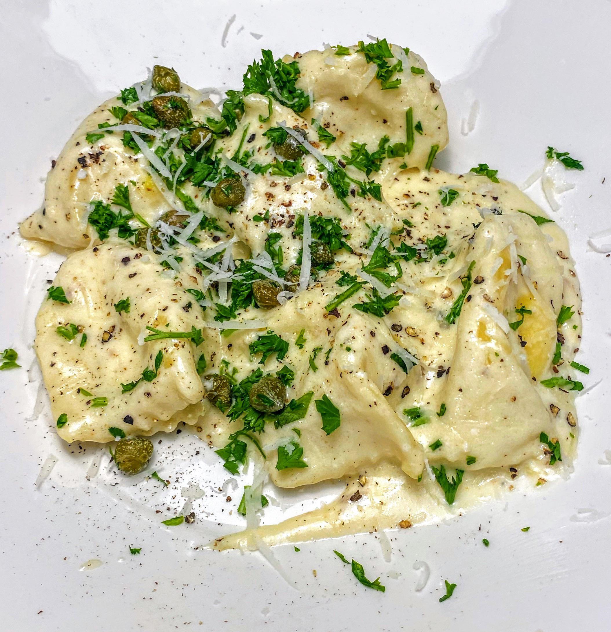 Crab agnolotti - lemon caper cream sauce - Dining and Cooking