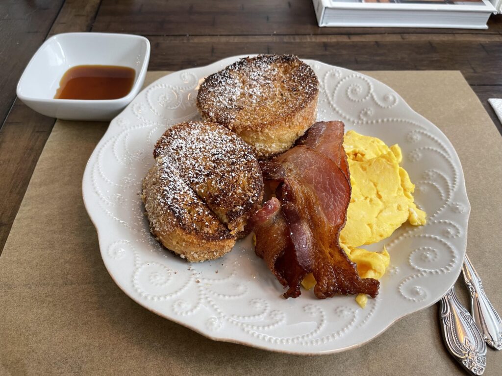 Rice Crispy coated French toast, eggs, bacon, and bourbon maple syrup ...