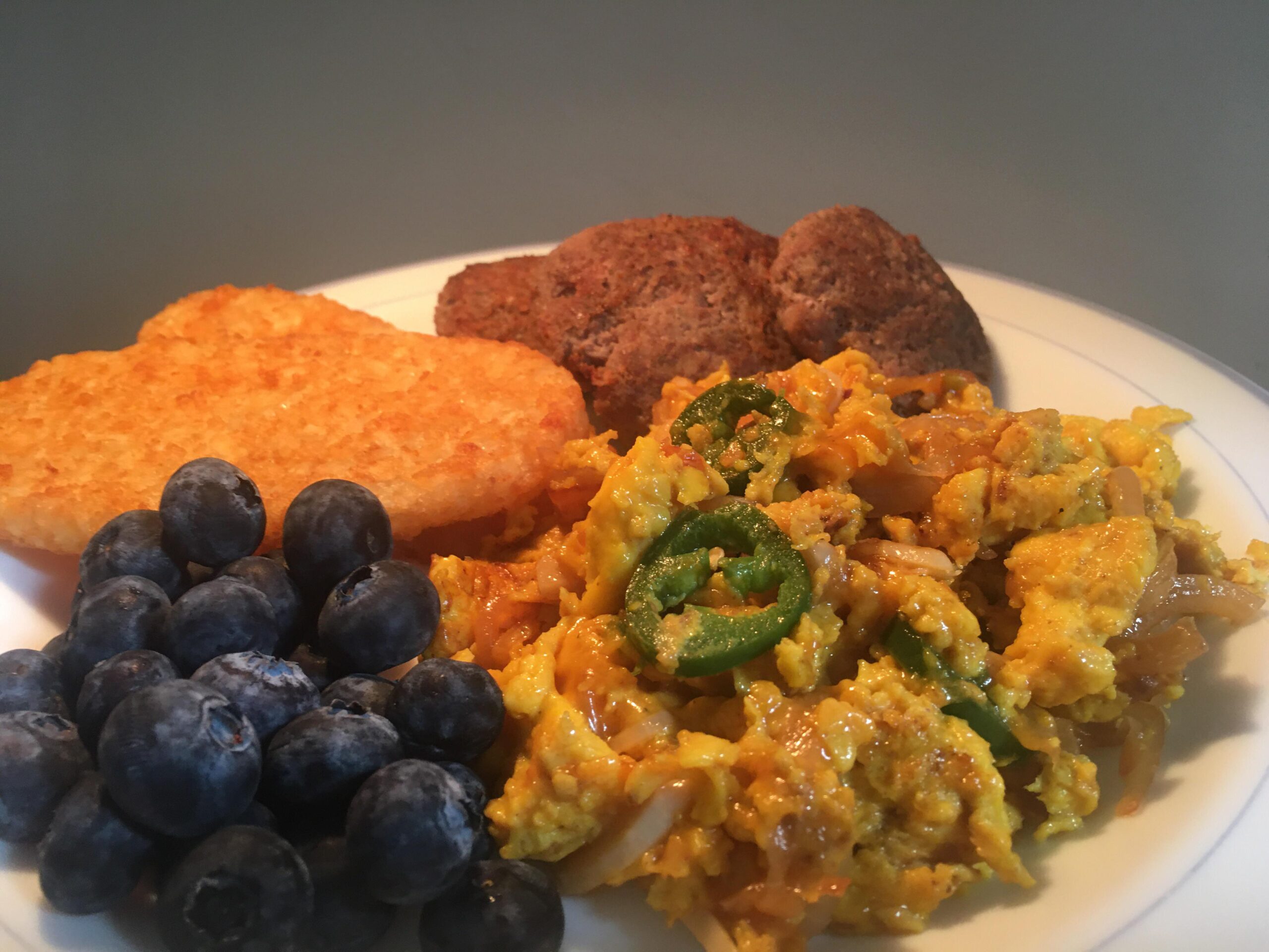Garlic, onion, jalapeño, cheddar scramble w/sausage, frozen hash brown ...