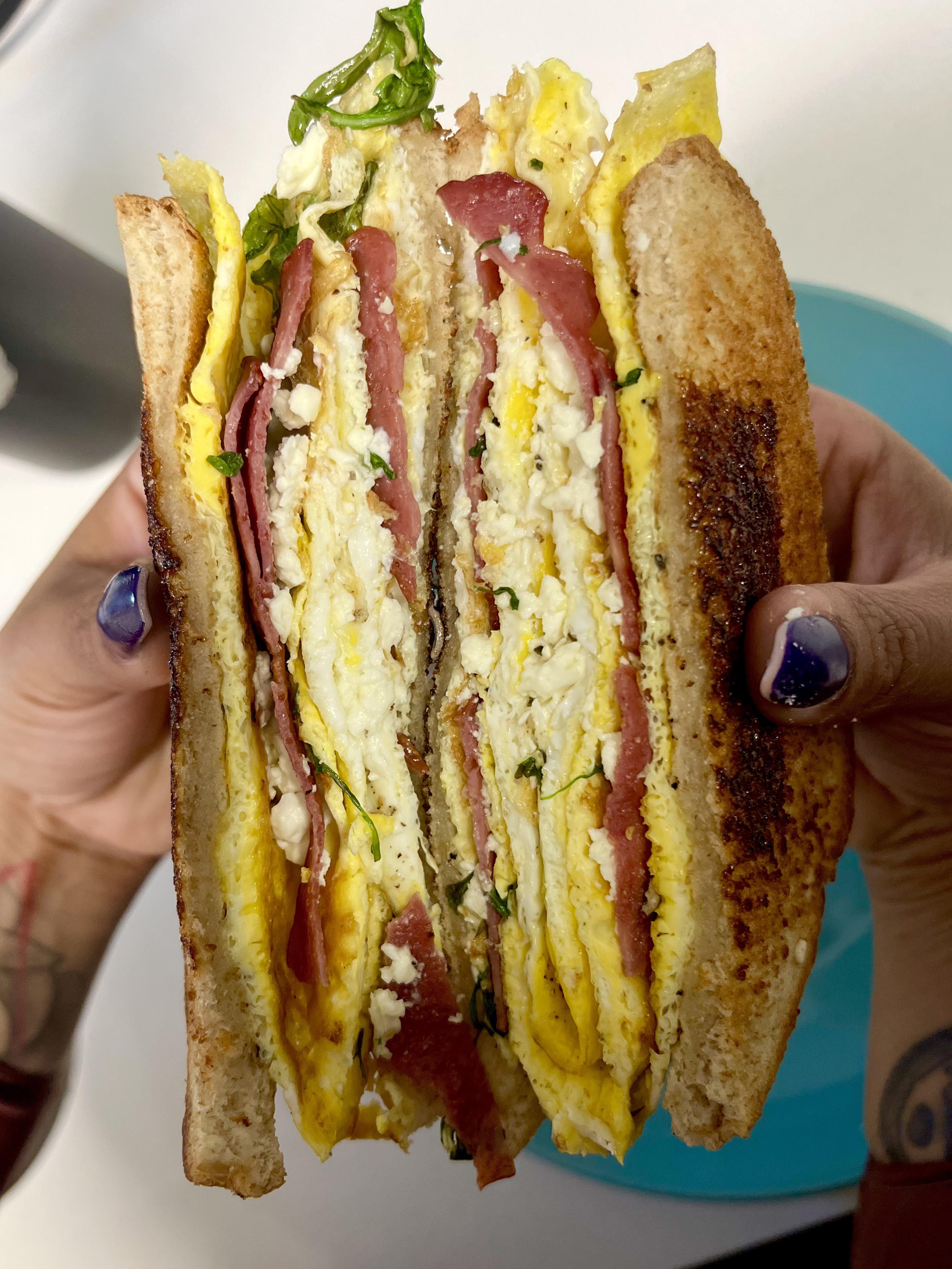 Todays breakfast sandwich for my boyfriend. Sourdough, eggs, turkey ...