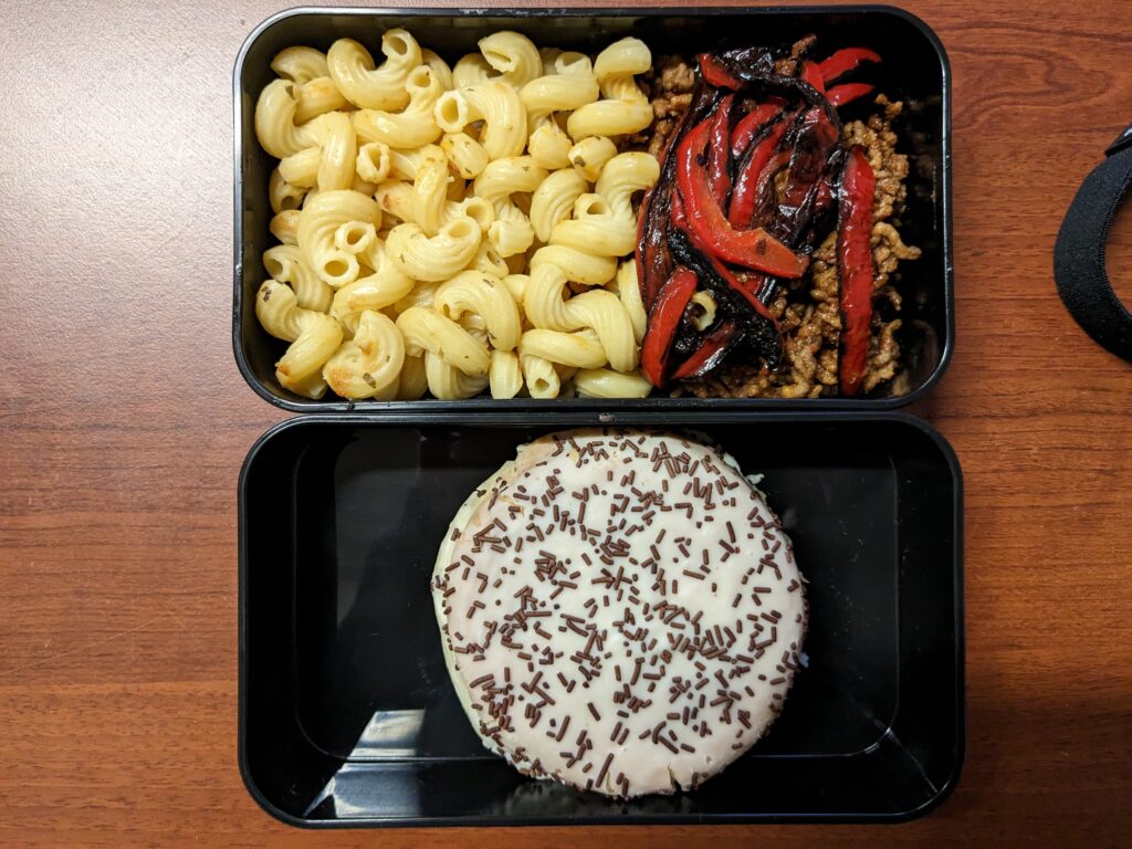 top: pasta with garlic herb butter, pan roasted bell-peppers, ground ...