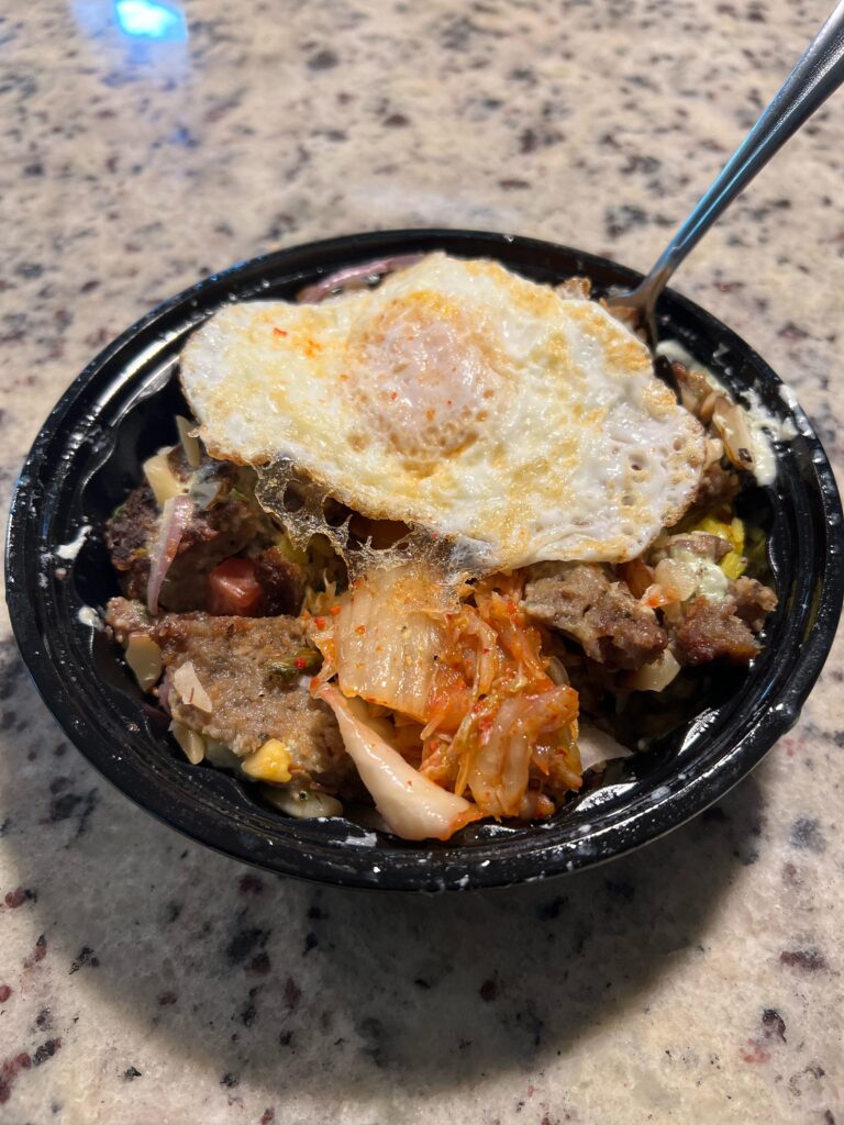 Beef-Lamb kebab over rice, kimchi, and fried egg - Dining and Cooking