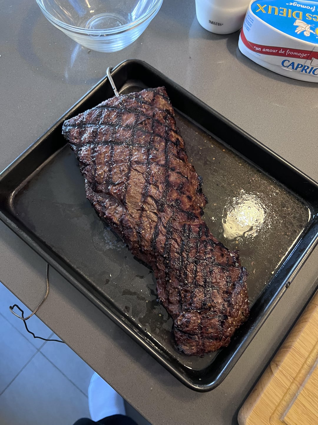 Marinated bavette (flank) cooked on the BBQ, left side rare, right side ...
