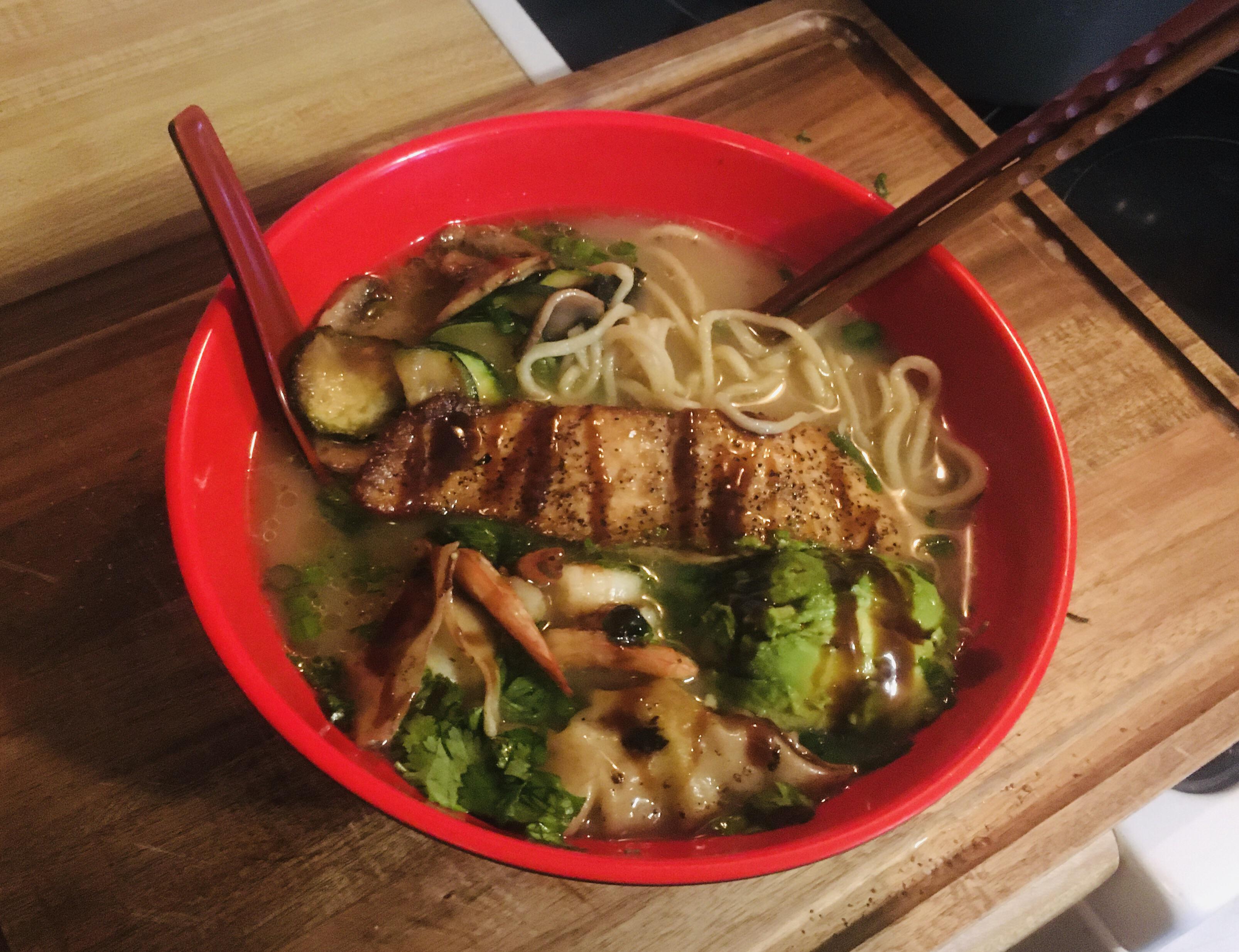 Shio chicken broth, black garlic oil, salmon, shrimp, avocado, squash ...