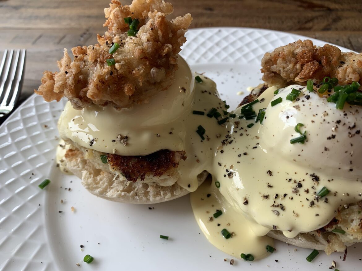 [Homemade] Crab cake Eggs Benedict, topped with a fried oyster for ...