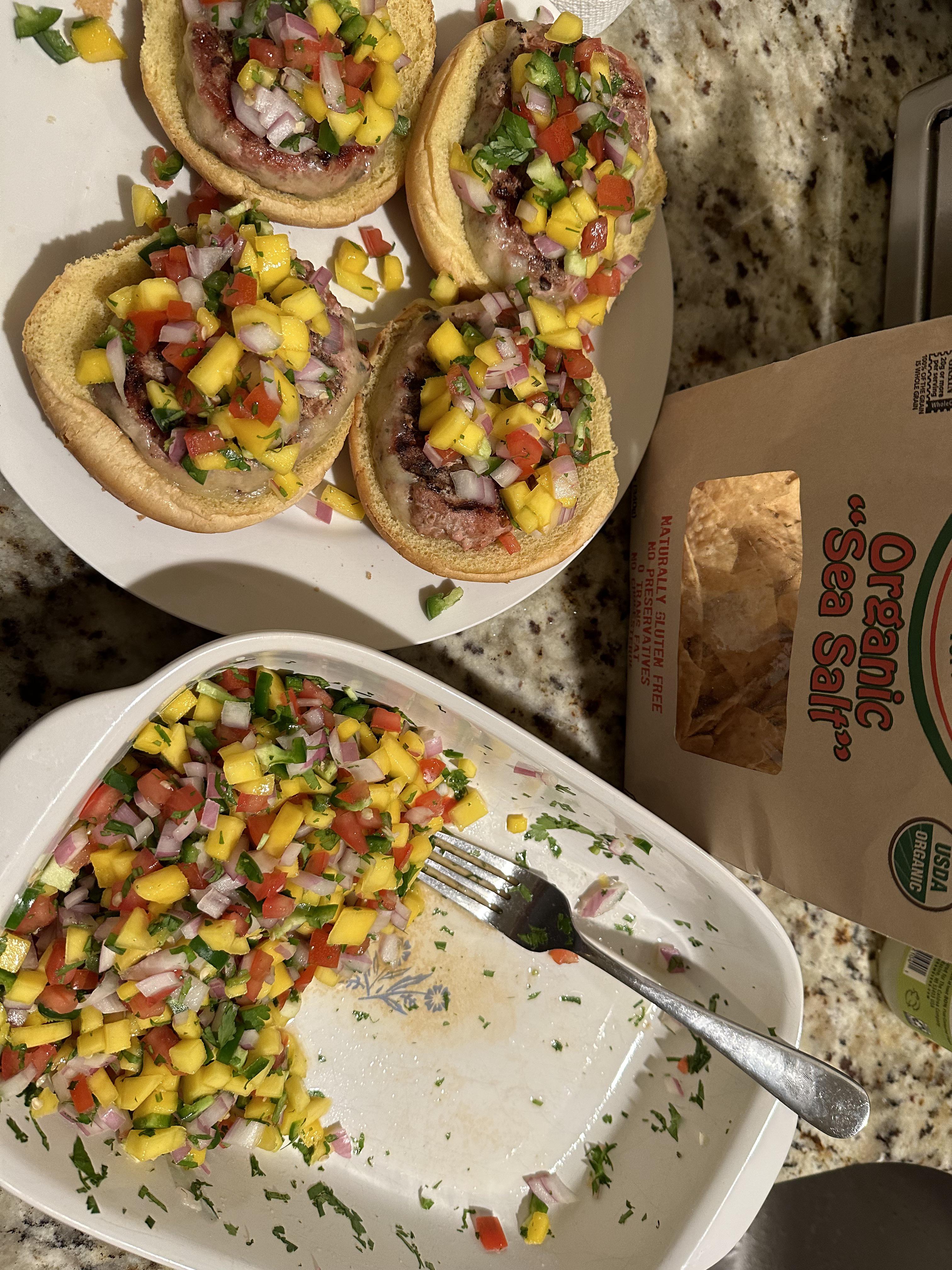 Turkey burgers with mango salsa. - Dining and Cooking