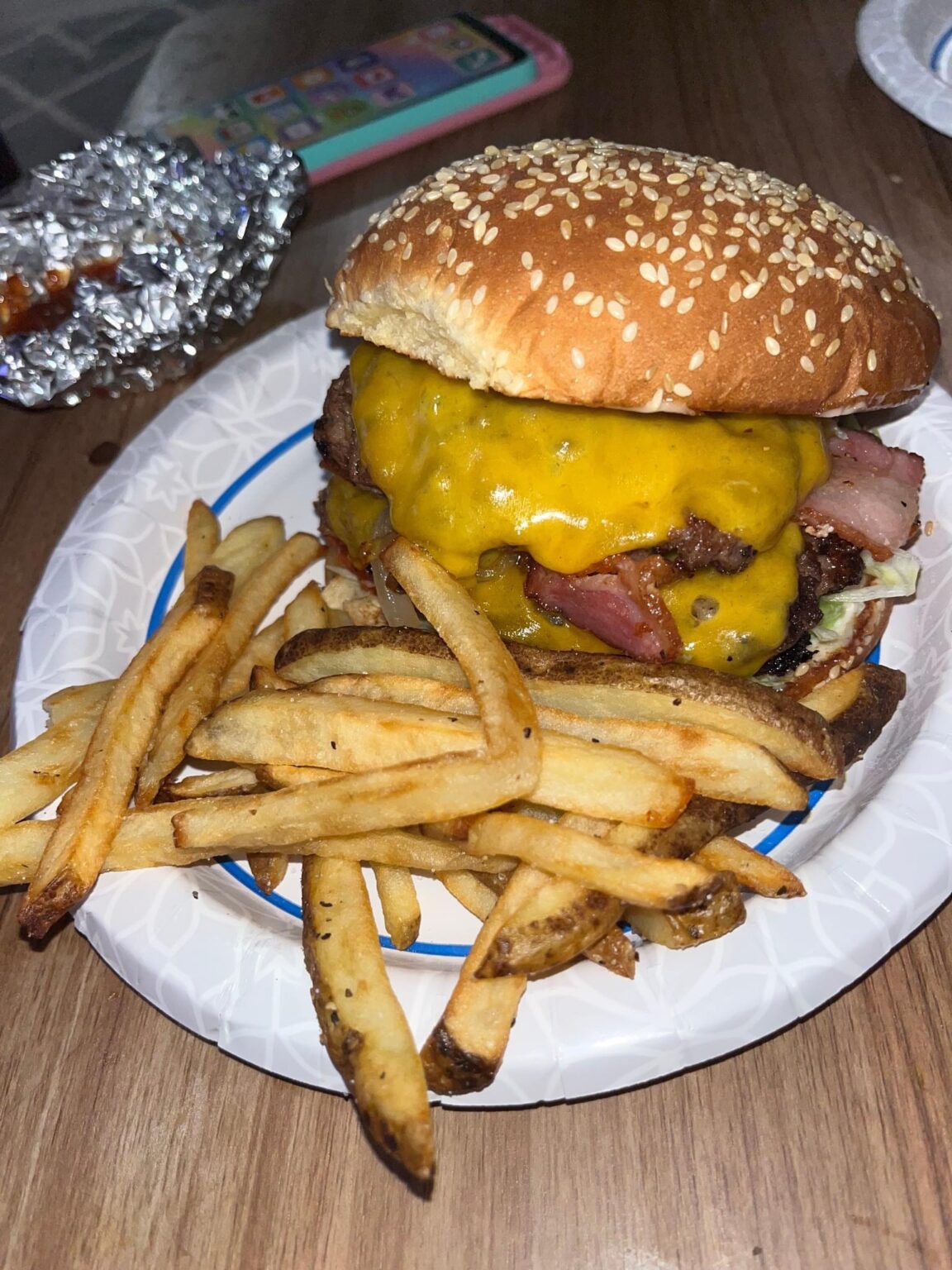 Double smash patty with bacon and cheddar cheese with homemade fries ...