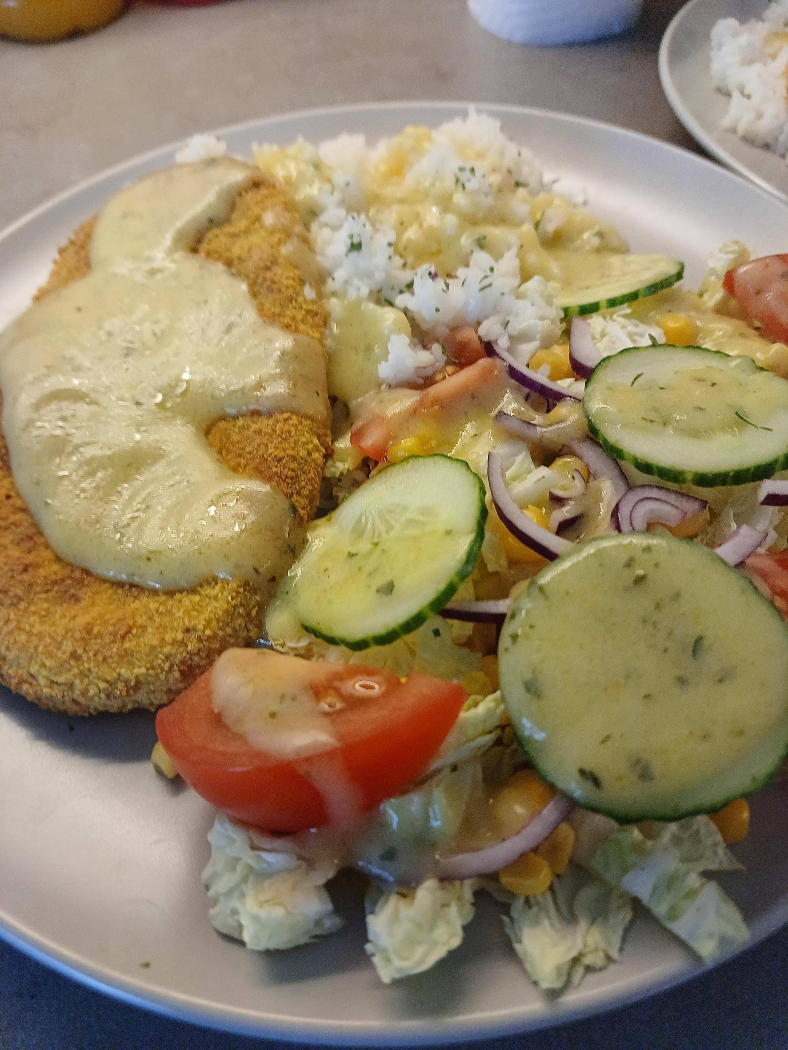 Cheese Schnitzel, Salad & Rice with Bearnaise Sauce - Dining and Cooking