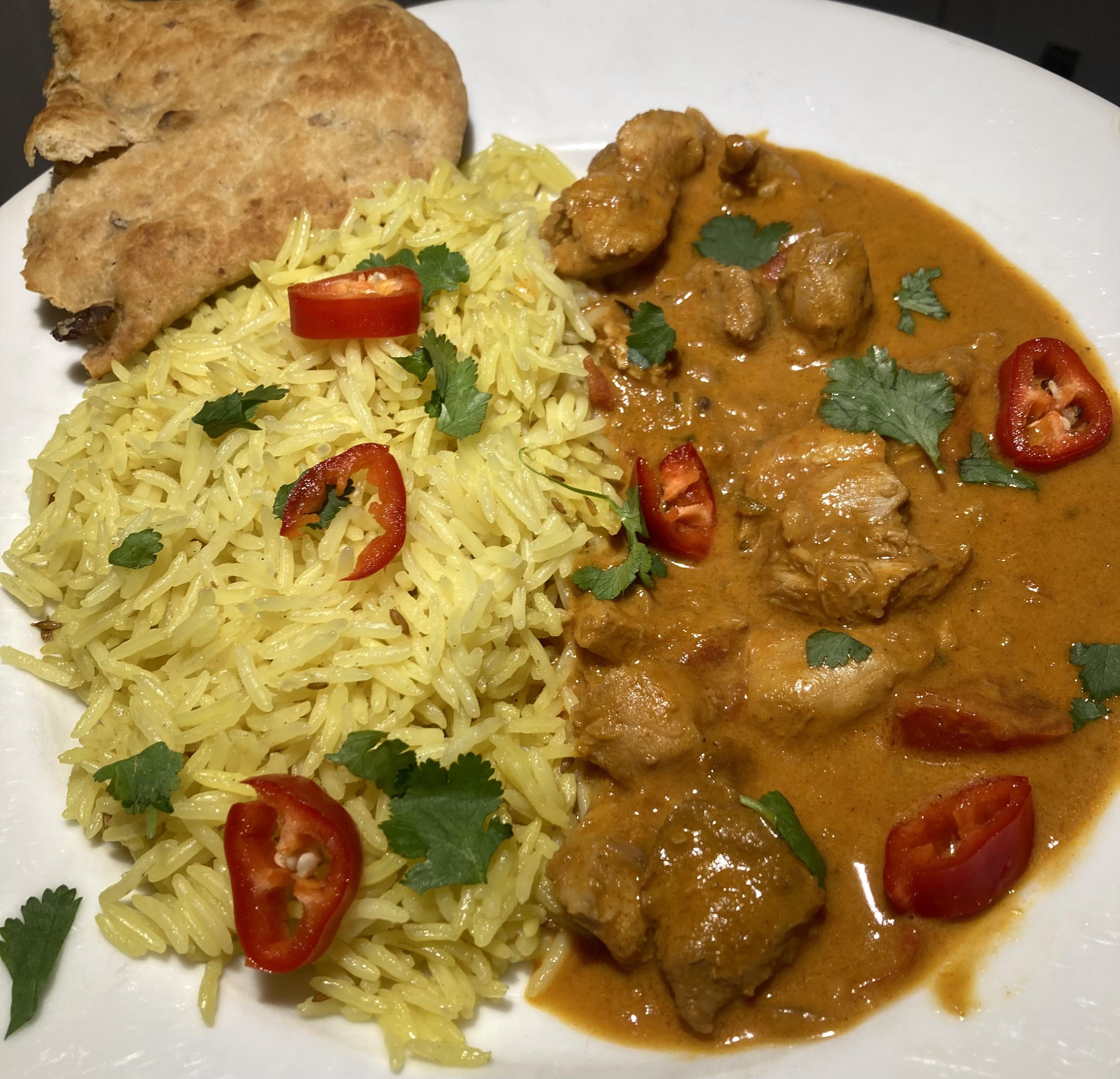 Chicken Goan curry, pilau rice and Peshwari naan. - Dining and Cooking