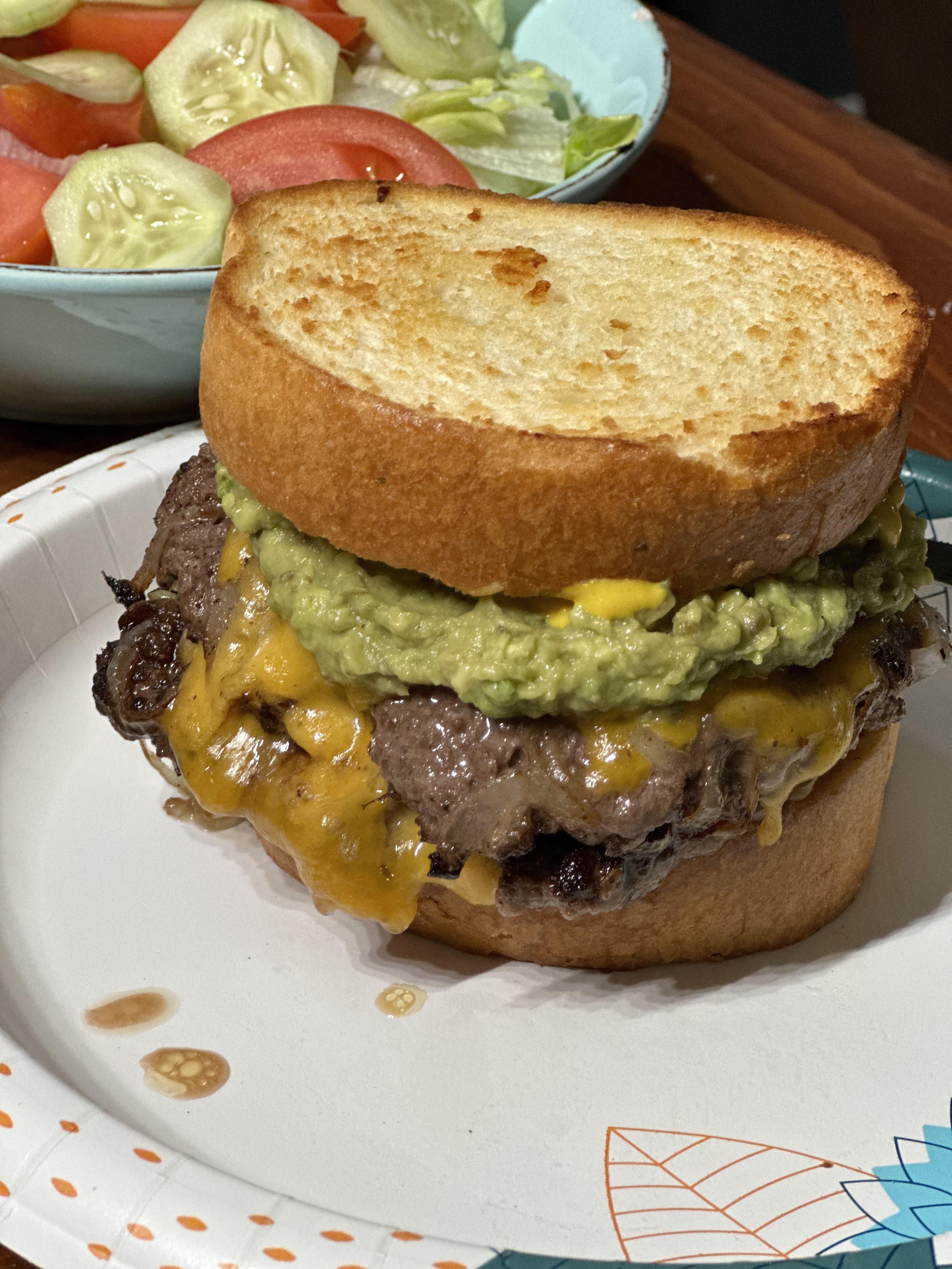 Guac smash burger with 4 cheese Texas toast buns. - Dining and Cooking