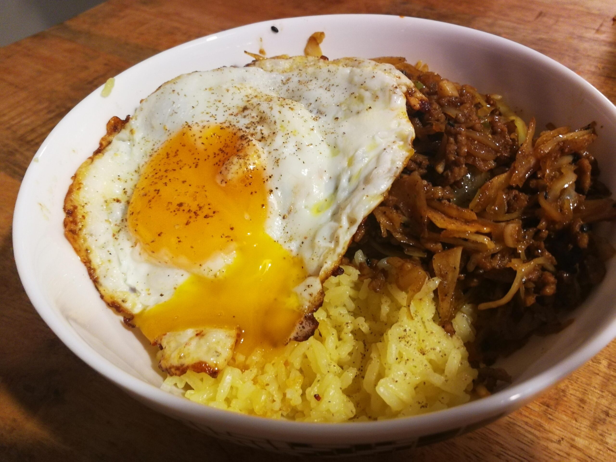Chinese minced beef and cabbage with rice and a crispy egg. - Dining ...